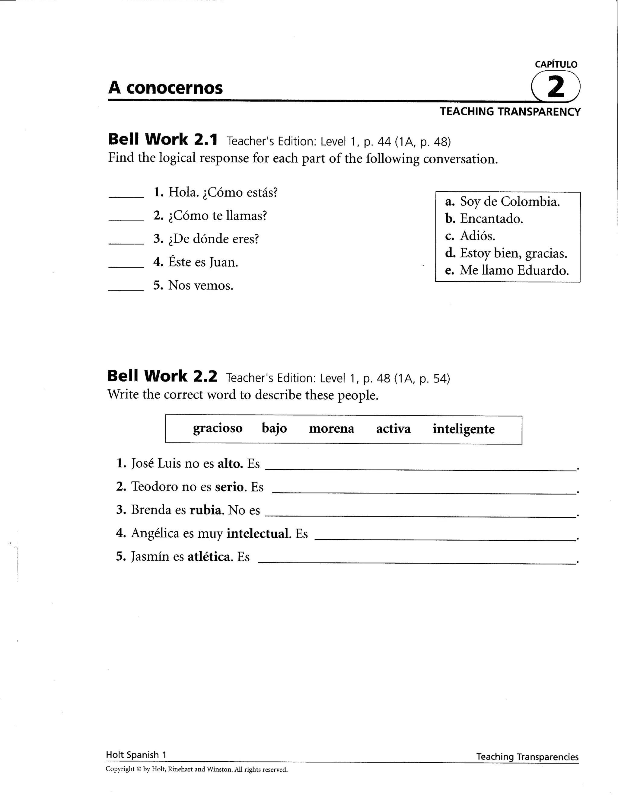 Spa 1 bell work 2 1 & 2-2 | PDF