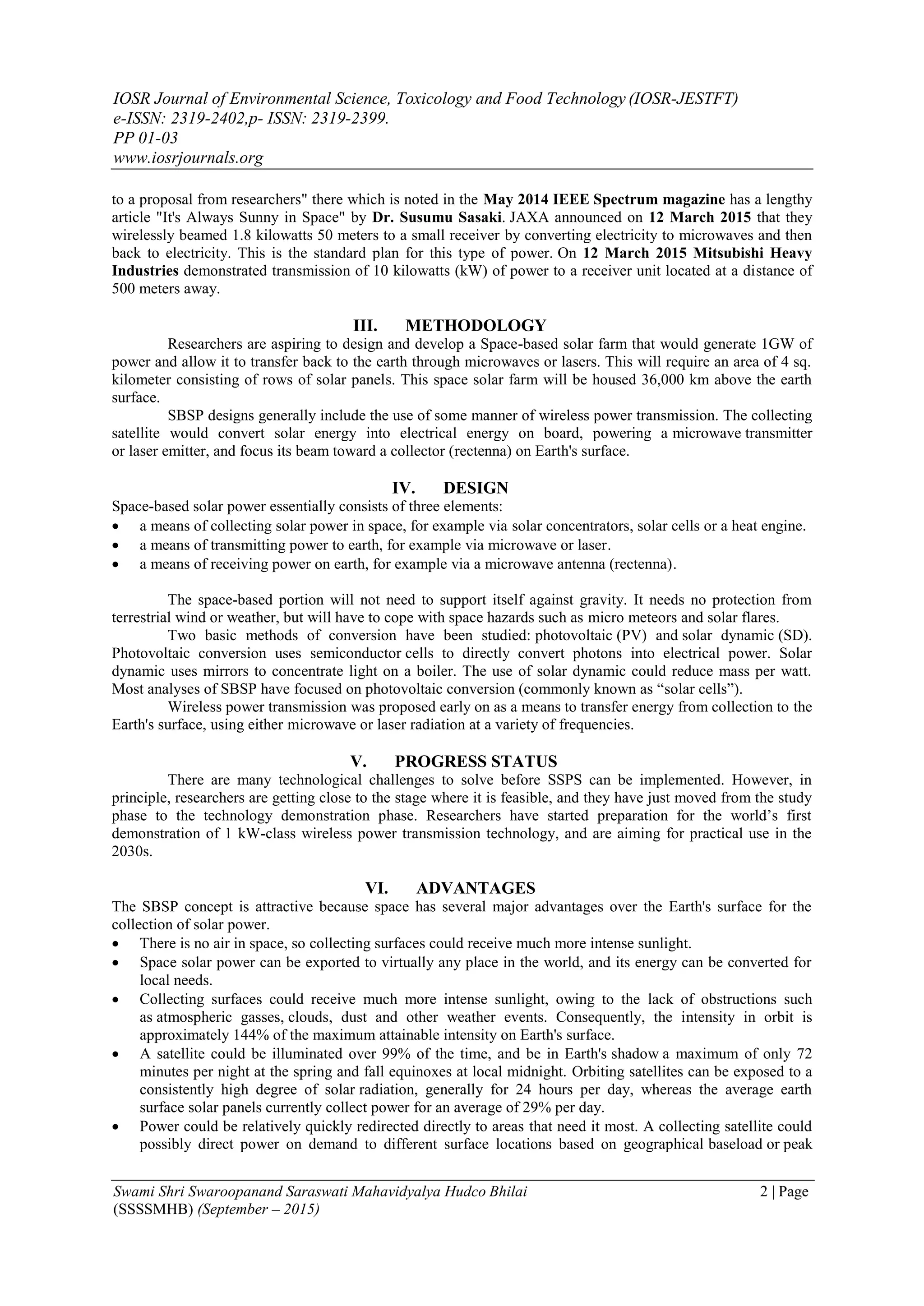 Space based solar power (sbsp) seminar report | PDF