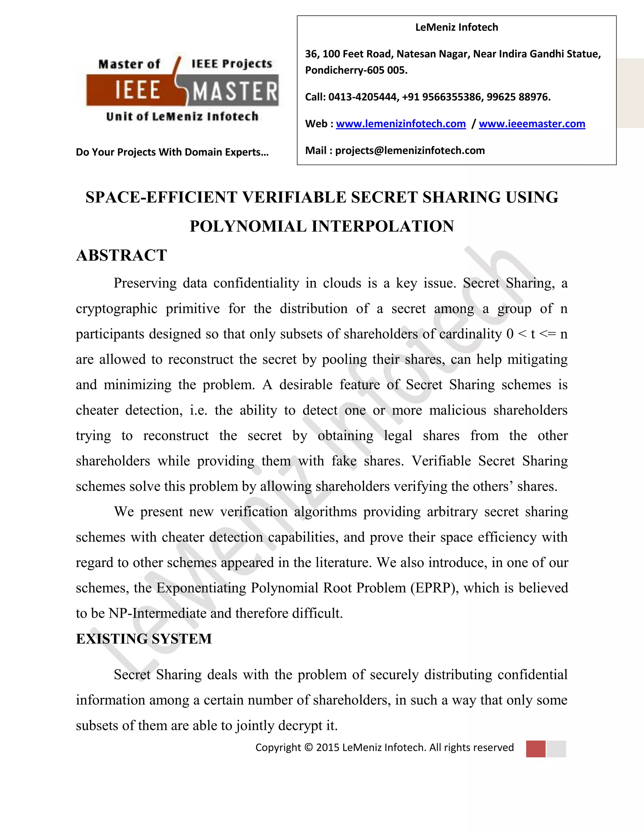 Space efficient verifiable secret sharing using polynomial interpolation | PDF