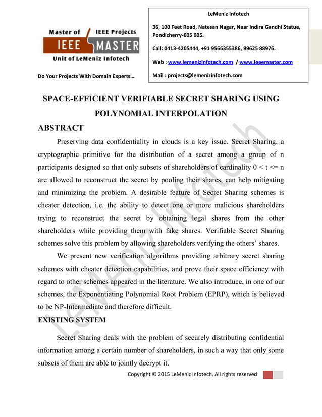 Space efficient verifiable secret sharing using polynomial interpolation | PDF