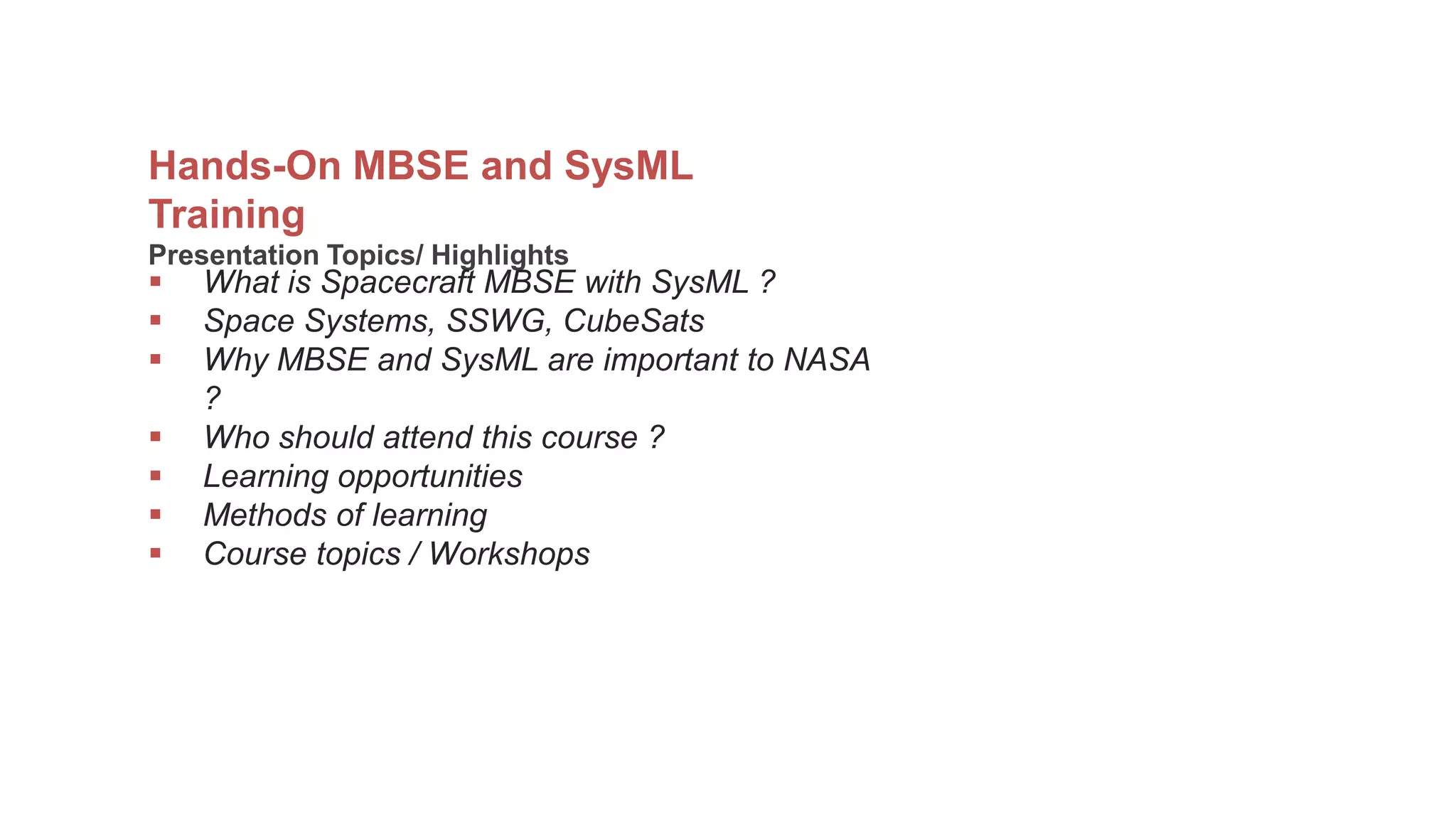 Spacecraft MBSE-SysML, Hands-On Training | PPTX