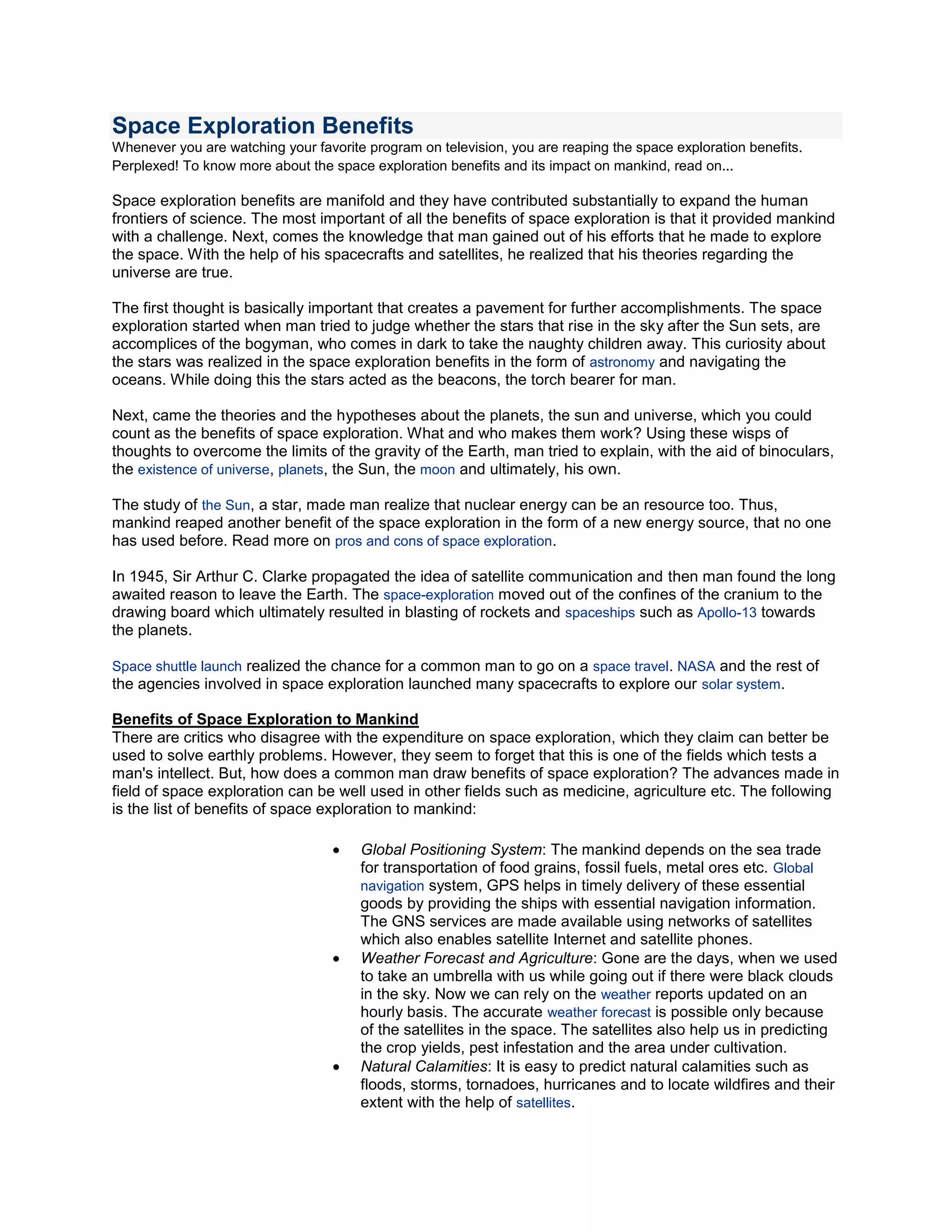 Space exploration benefits essay example | DOCX
