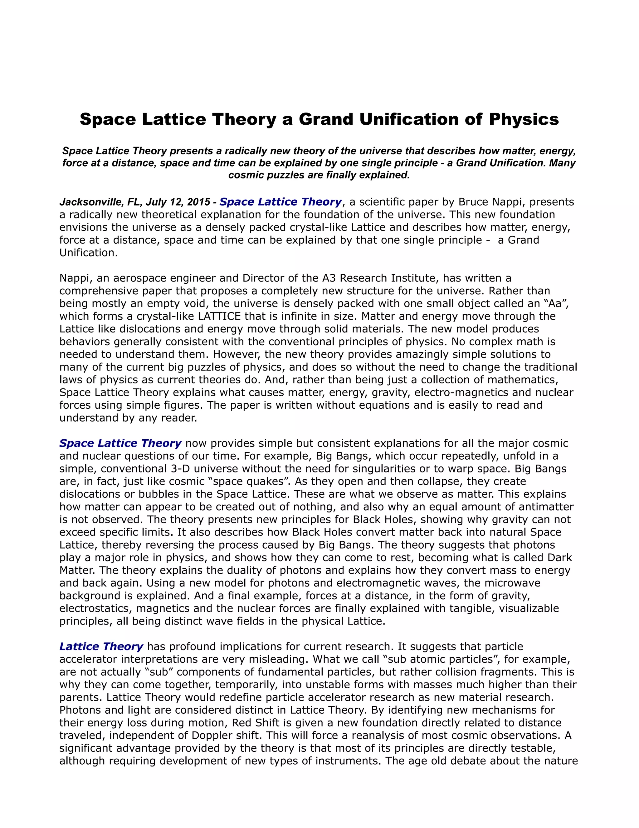Space lattice theory a grand unification of physics | PDF