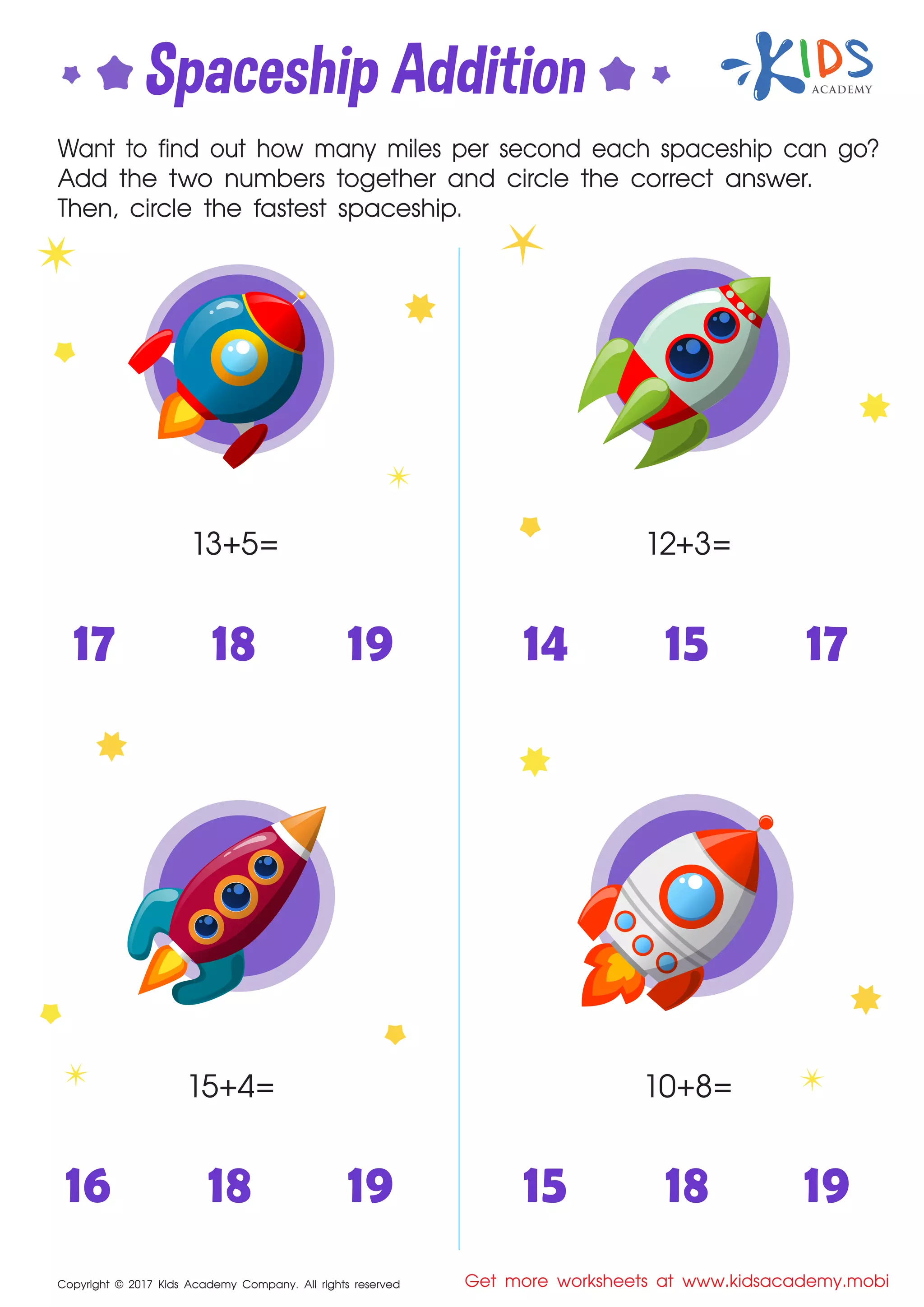 Spaceship addition - Kindergarten Math Worksheets | PDF