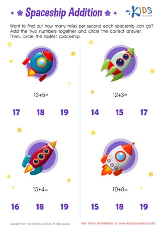 Spaceship addition - Kindergarten Math Worksheets | PDF