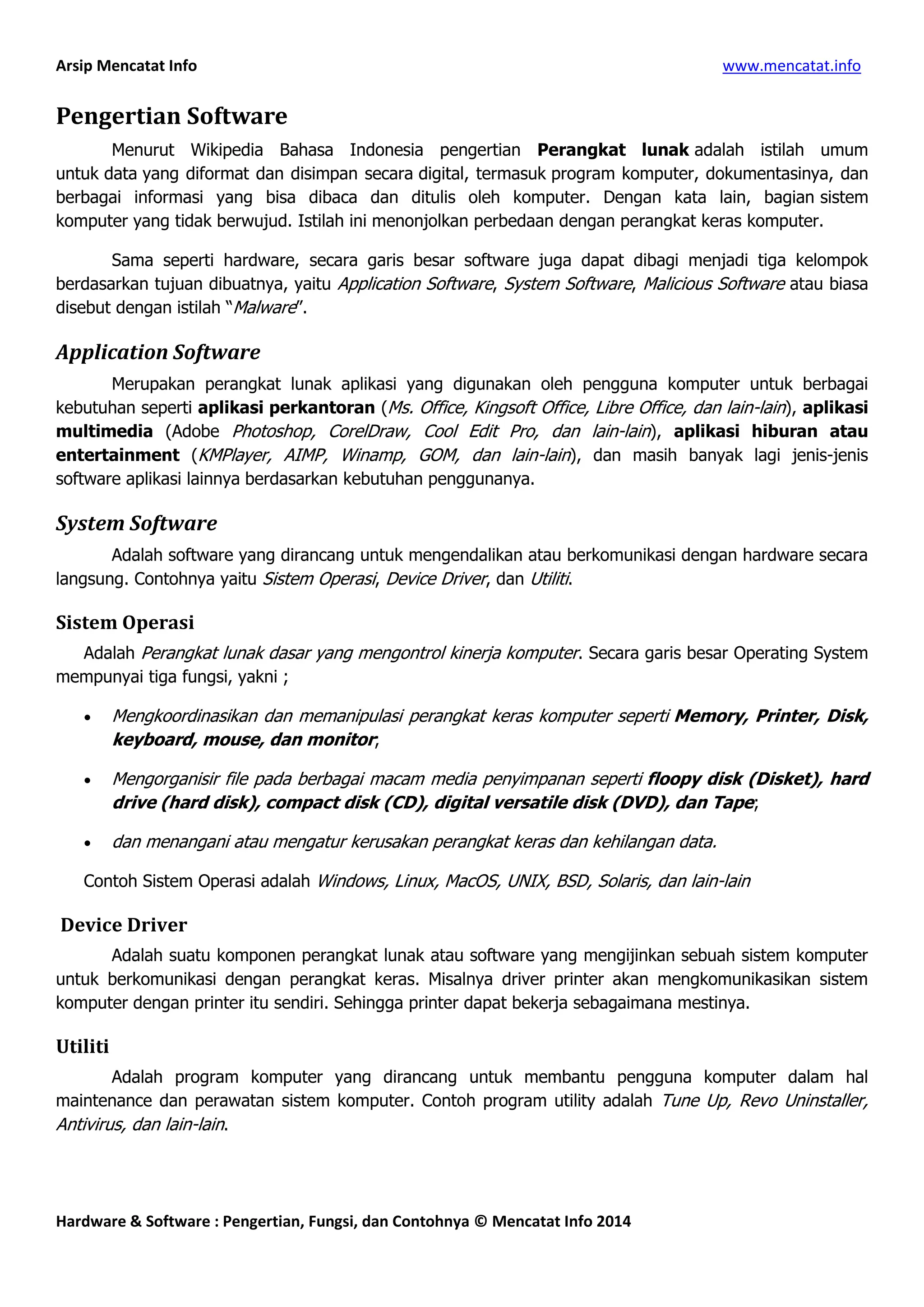 Pengertian, Fungsi, dan Contoh dari Hardware dan Software | DOCX