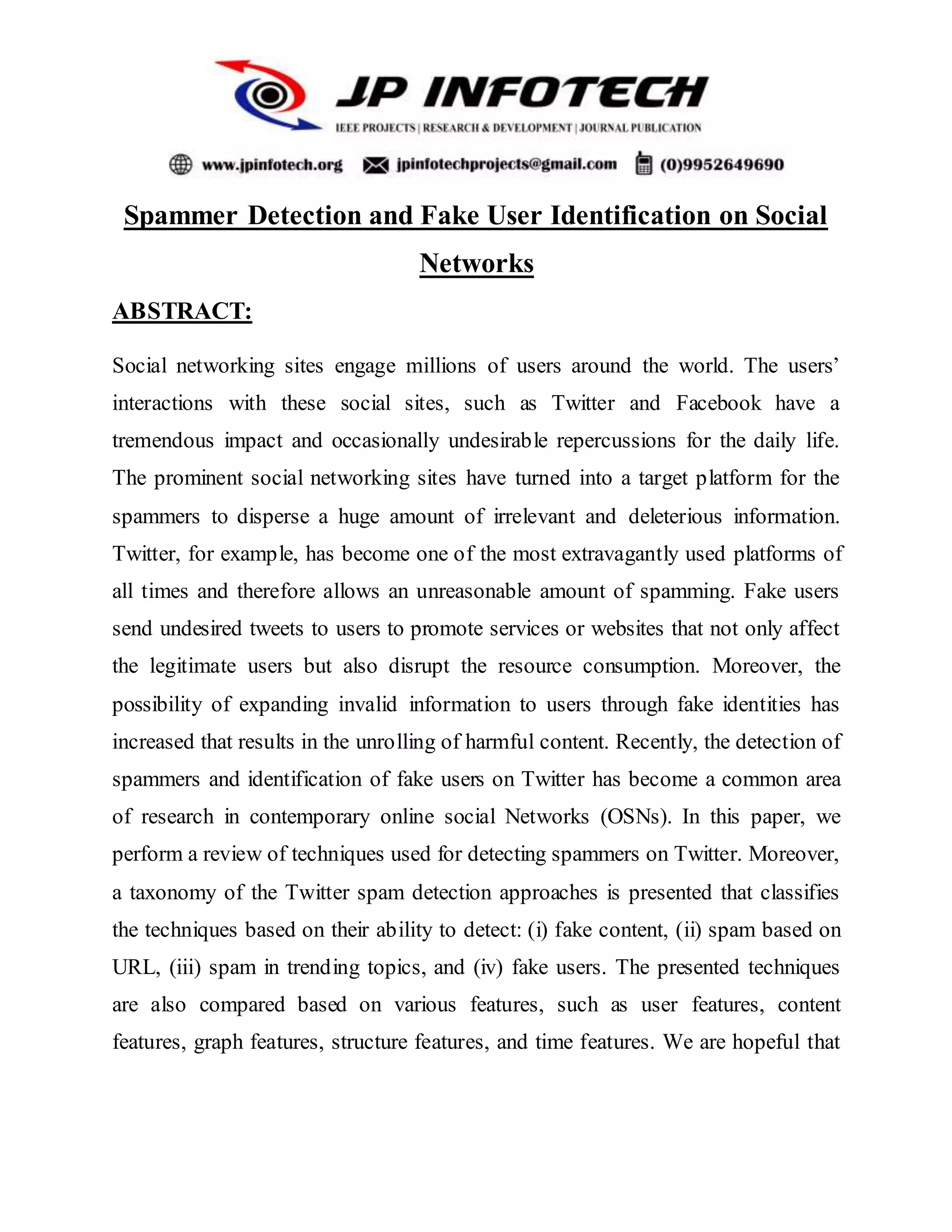 Spammer detection and fake user Identification on Social Networks | DOCX