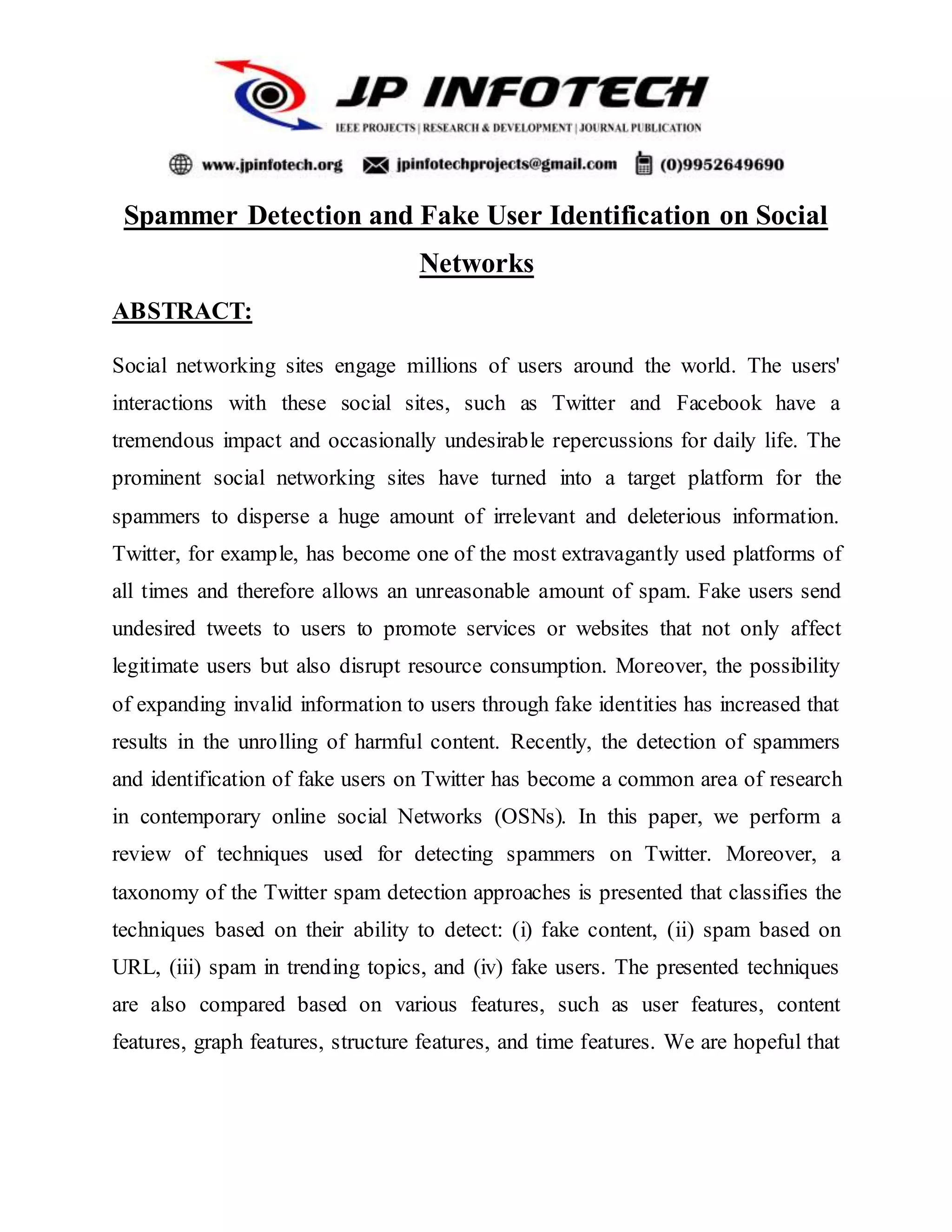 Spammer Detection and Fake User Identificationon Social Networks | PDF