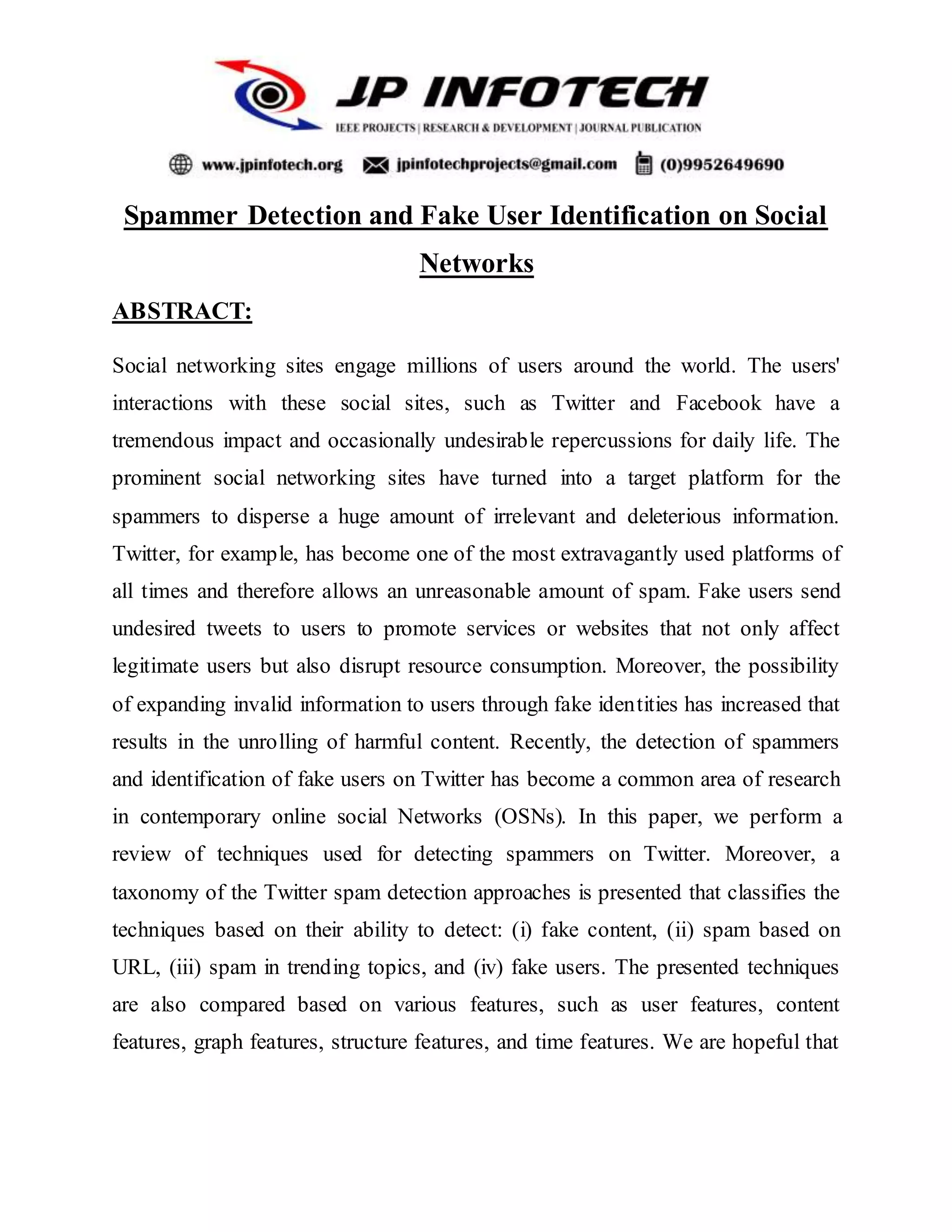 Spammer Detection and Fake User Identification on Social Networks | DOCX