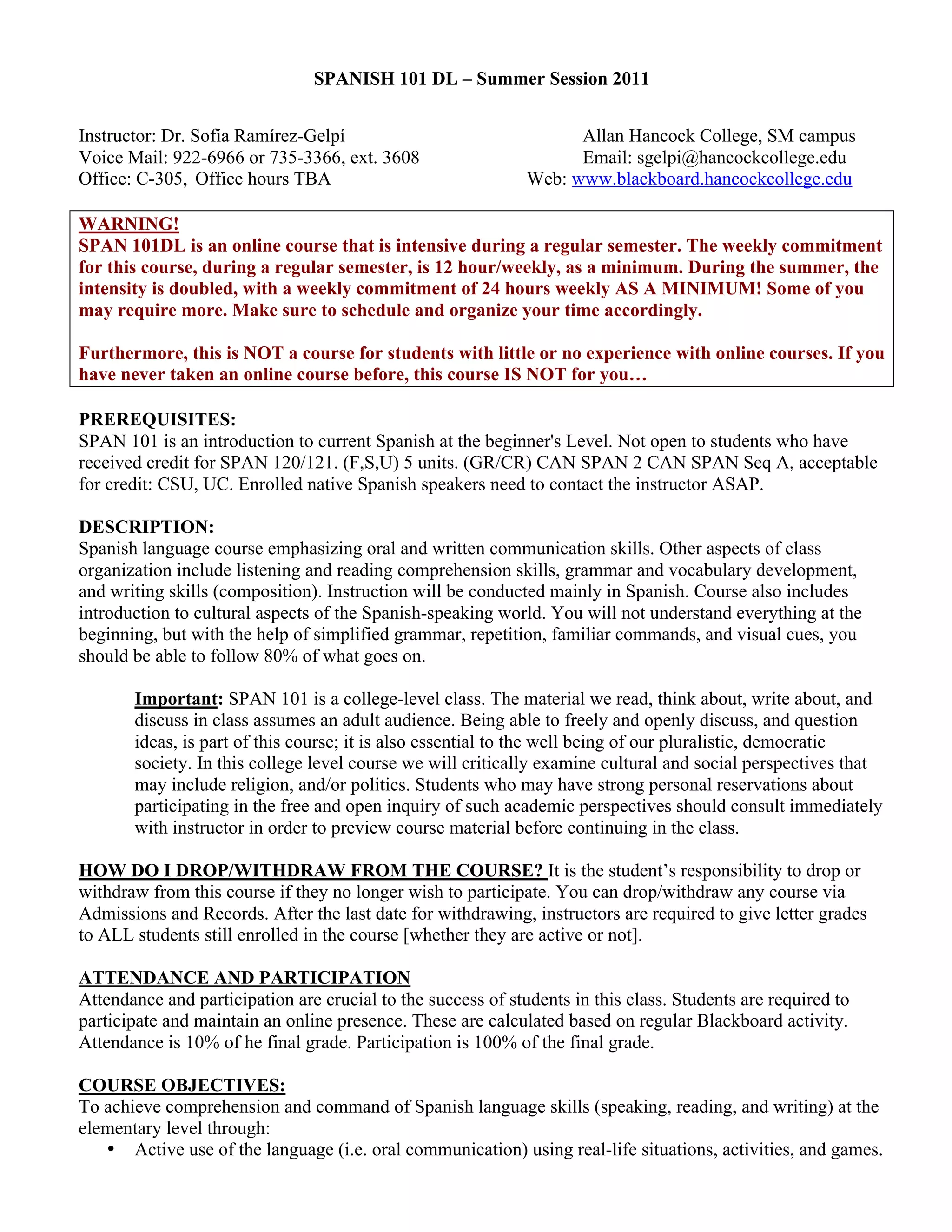 Span 101 dl syllabus summer 2011 | PDF