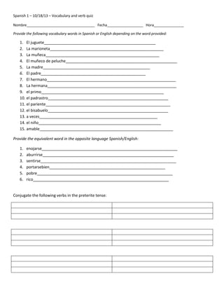 Spanish 2 quiz chp 2.1 vocabulary | PDF