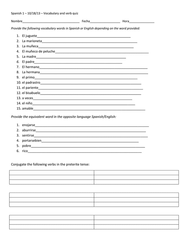 Spanish 2 quiz chp 2.1 vocabulary | PDF