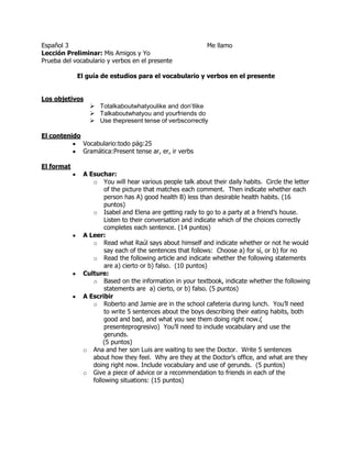 Spanish 3 leccion preliminar study guide vocab and present tense | PDF