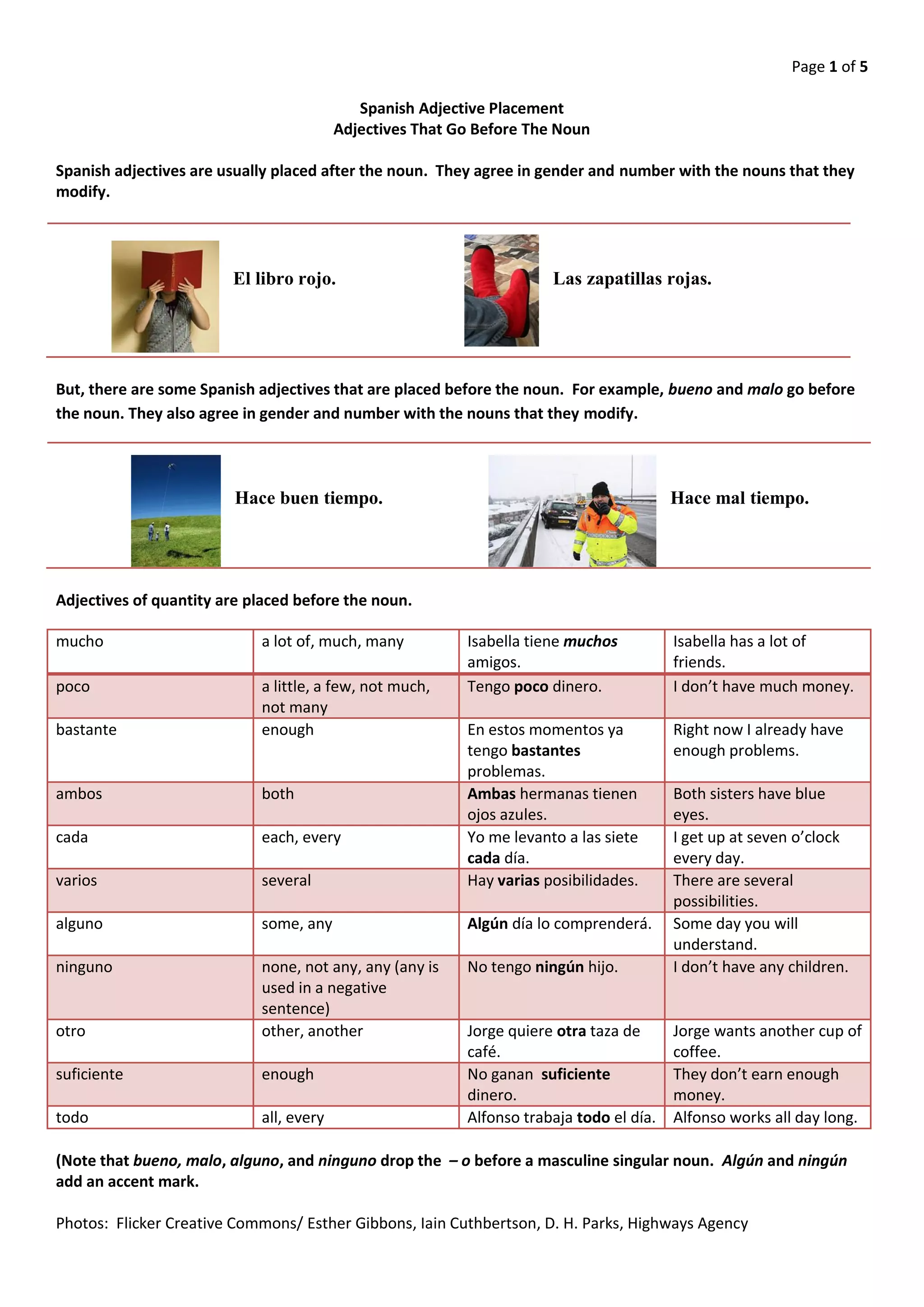 Spanish adjective placement adjectives that go before the noun | PDF