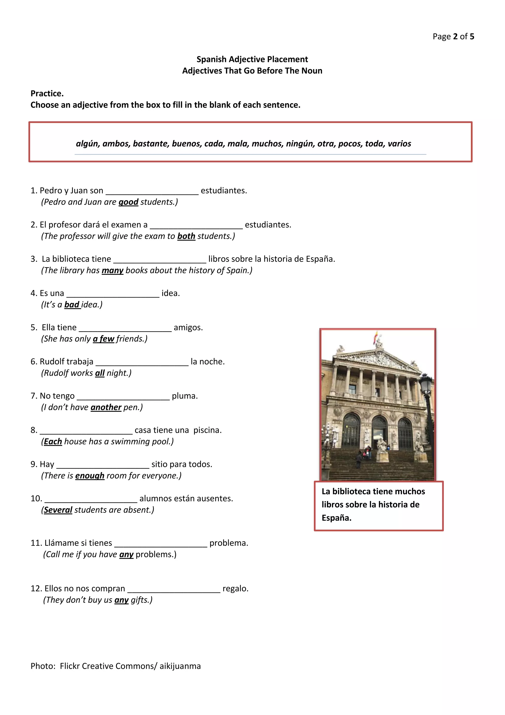 Spanish adjective placement adjectives that go before the noun | PDF