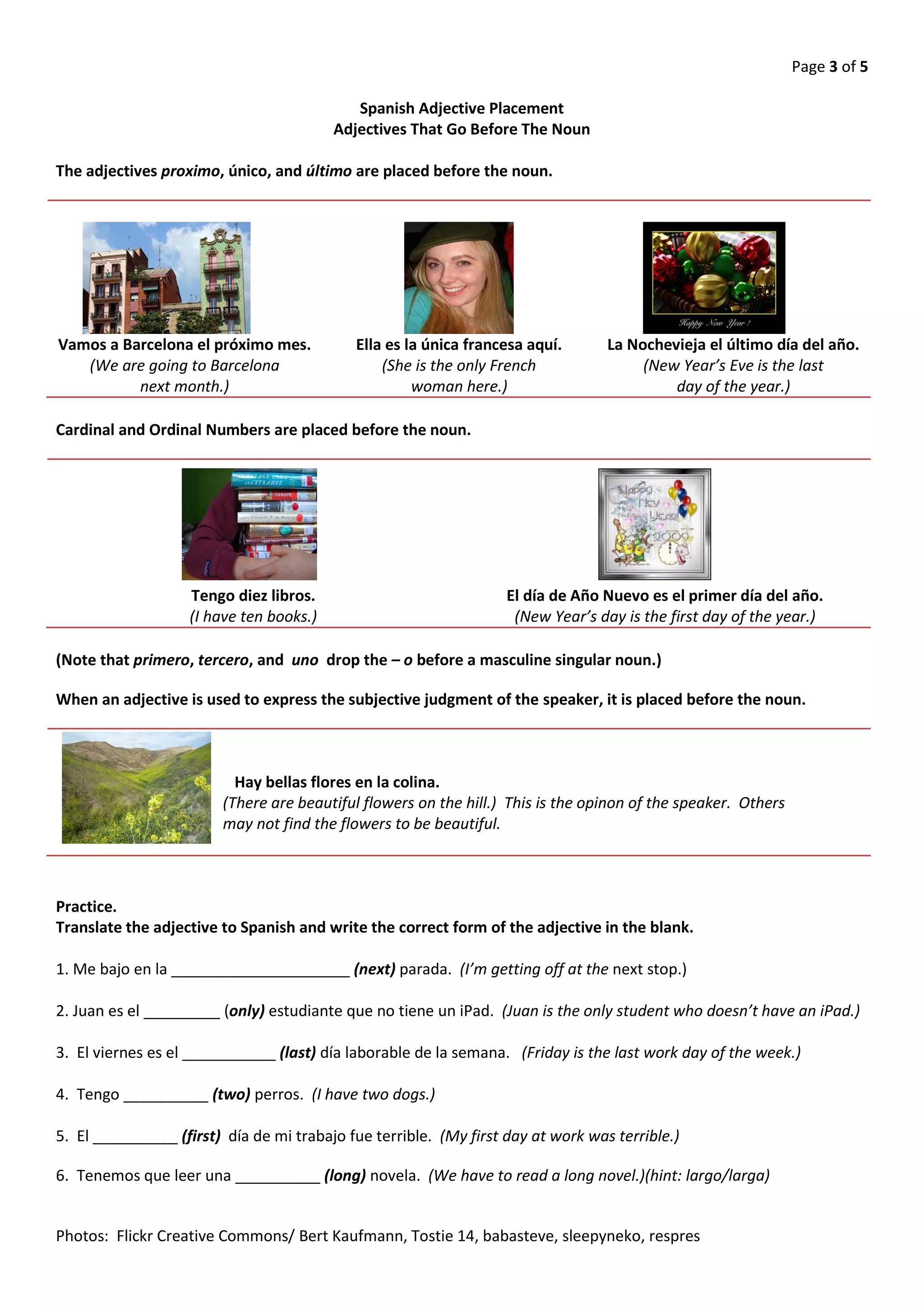 Spanish adjective placement adjectives that go before the noun | PDF