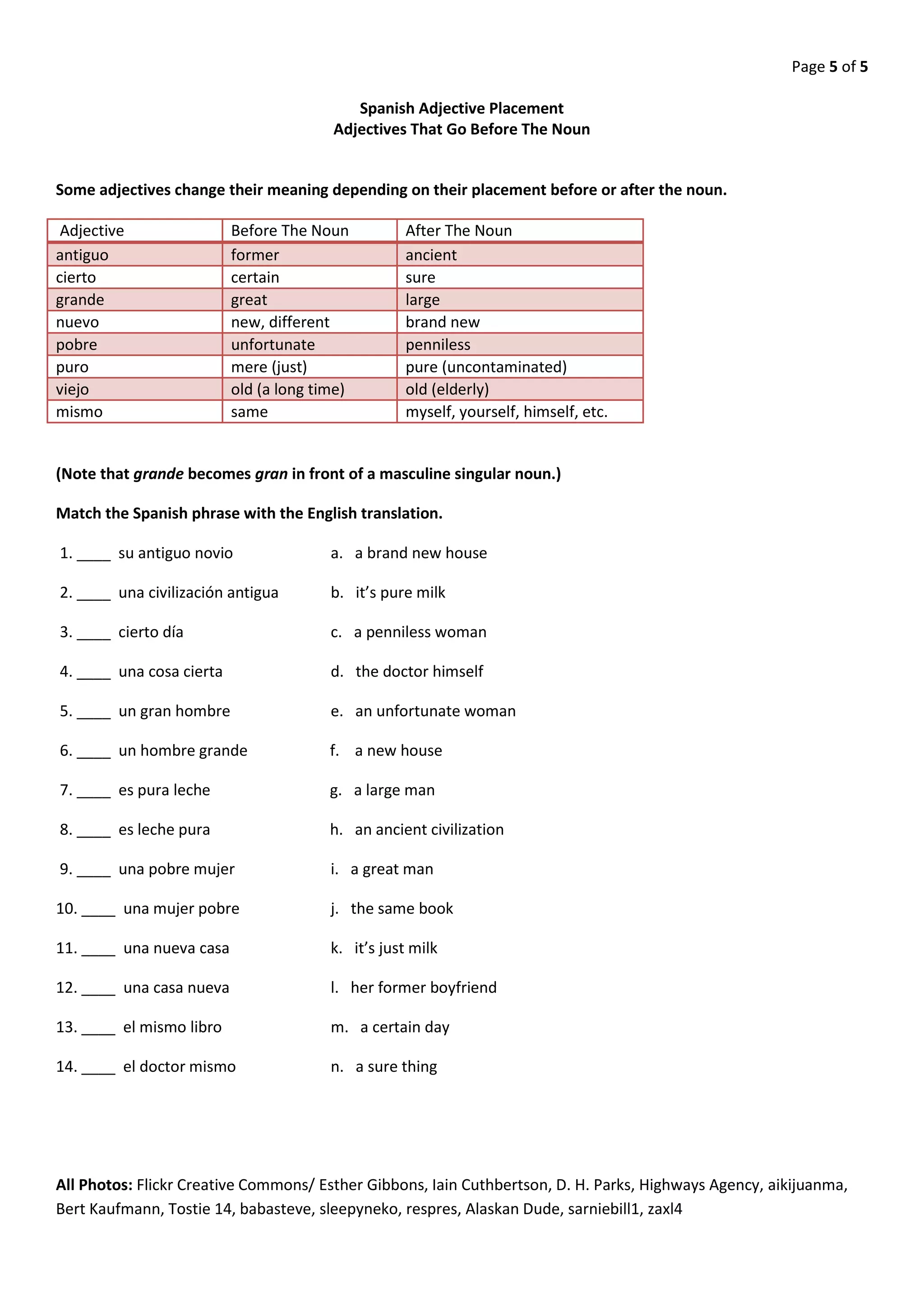 Spanish adjective placement adjectives that go before the noun | PDF