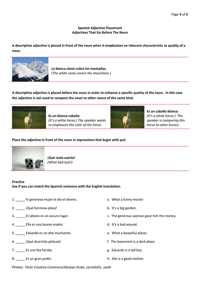 Spanish adjective placement adjectives that go before the noun | PDF