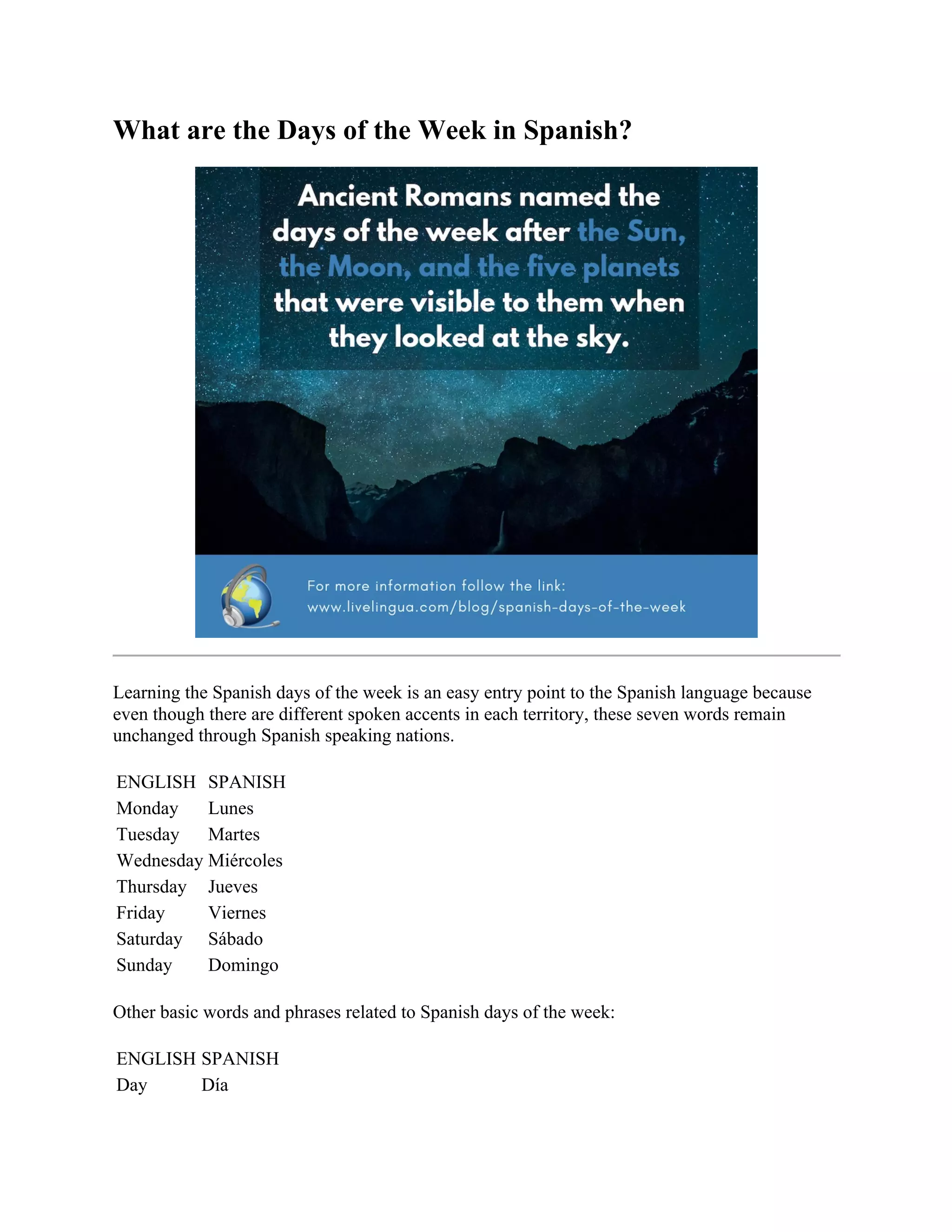 Spanish Days of The Week | PDF