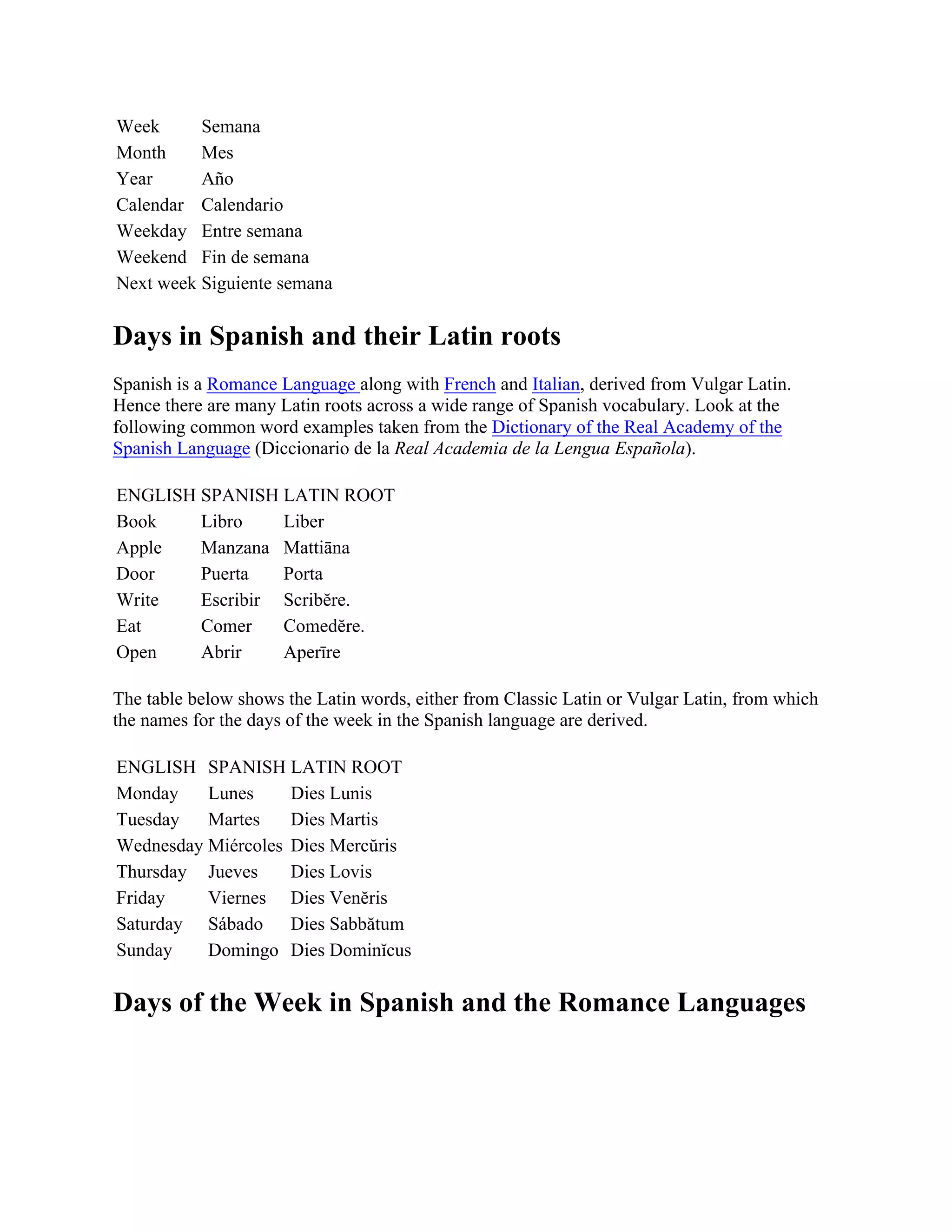 Spanish Days of The Week | PDF