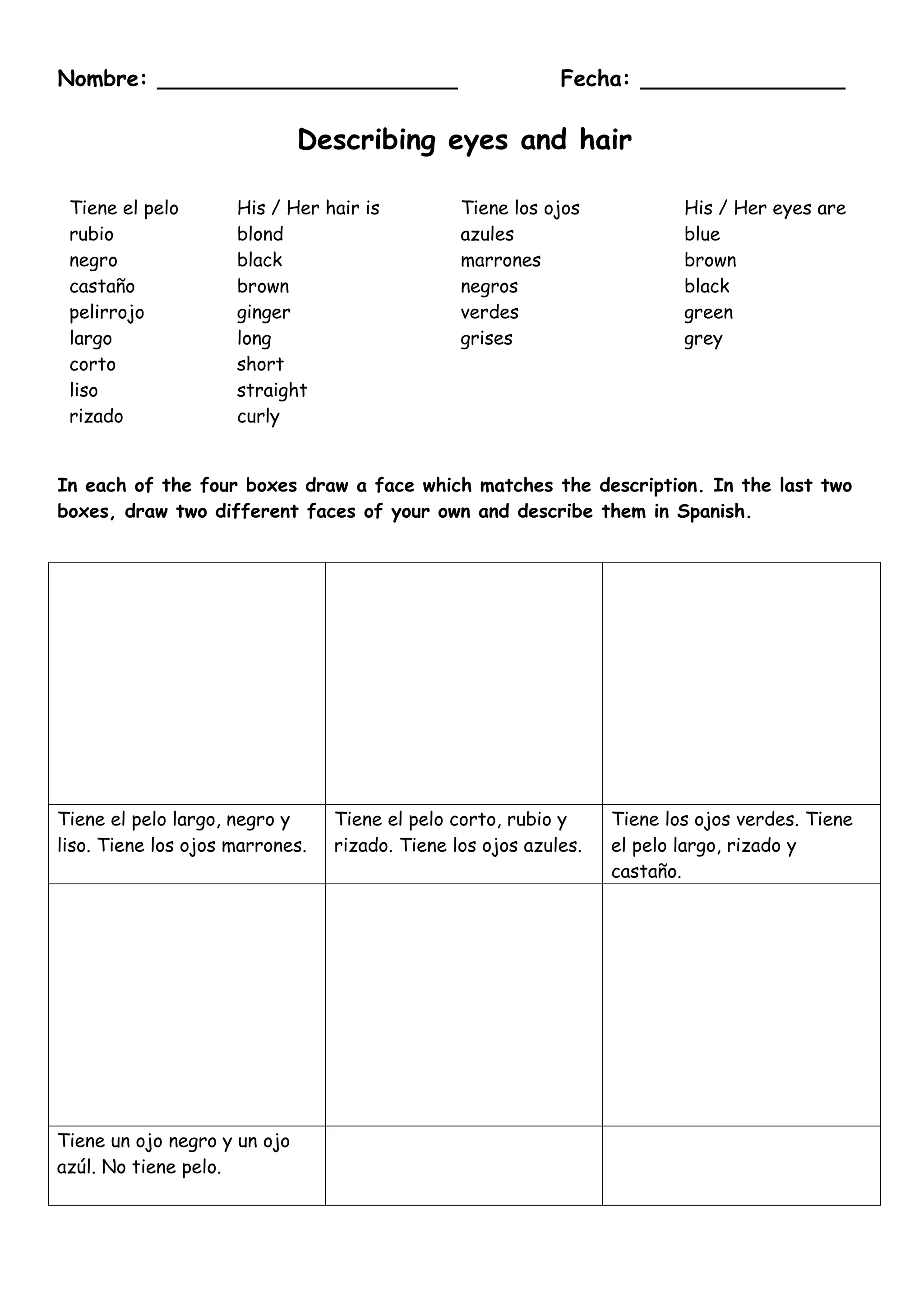 Spanish descriptions worksheet | DOC