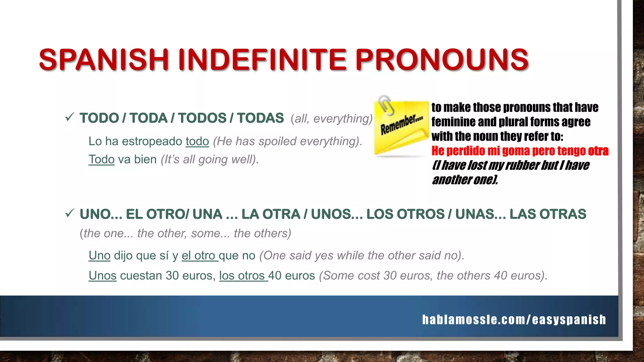 Spanish indefinite pronouns (Spanish grammar and practice). | PPSX