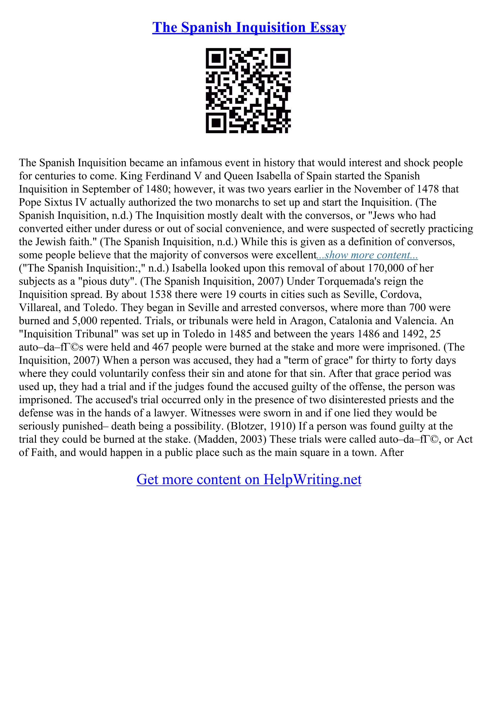 Spanish Inquisition Essay | PDF | Christianity | Religion & Spirituality