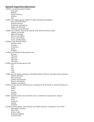 Reconquista & Spanish Inquisition questions | PDF