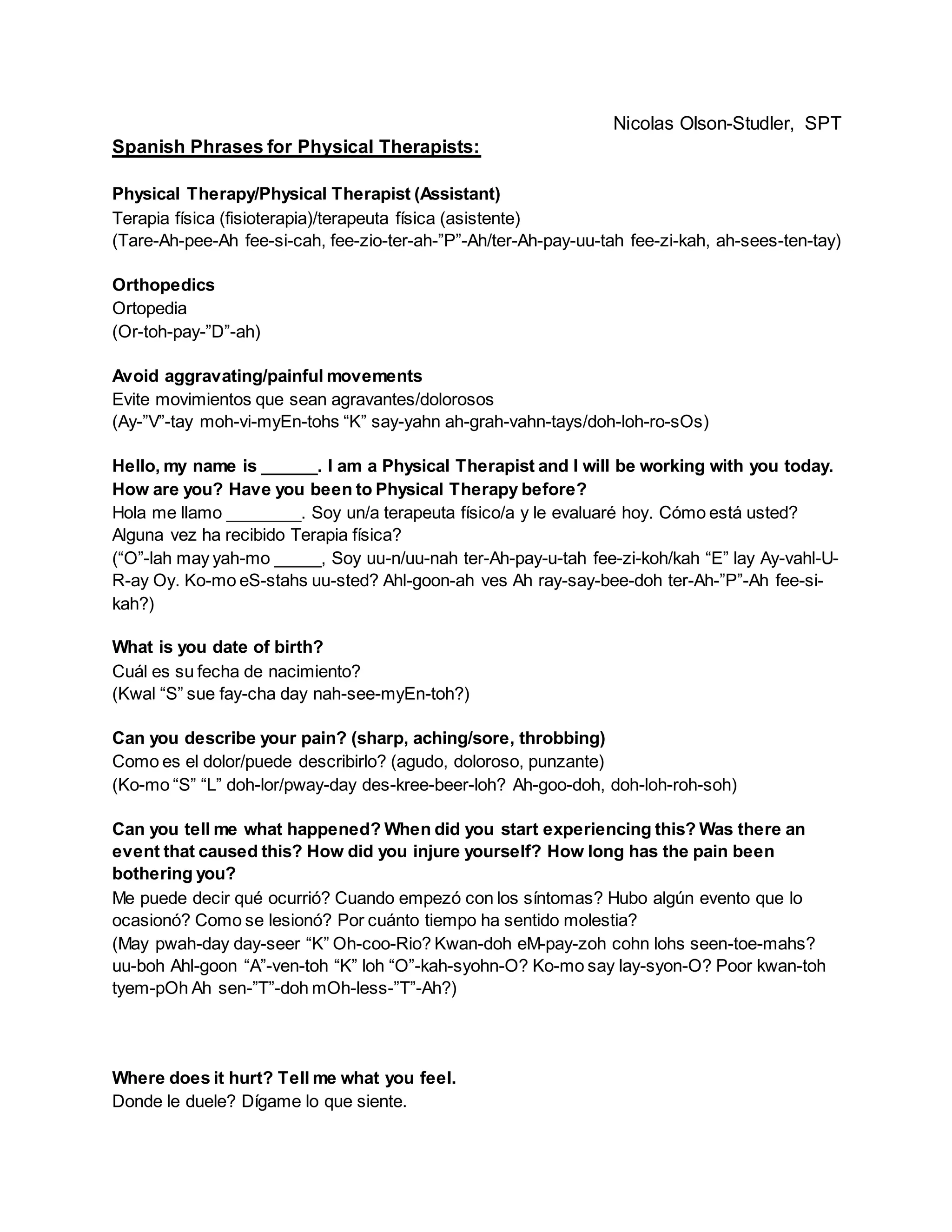 Spanish phrases for PTs | DOCX