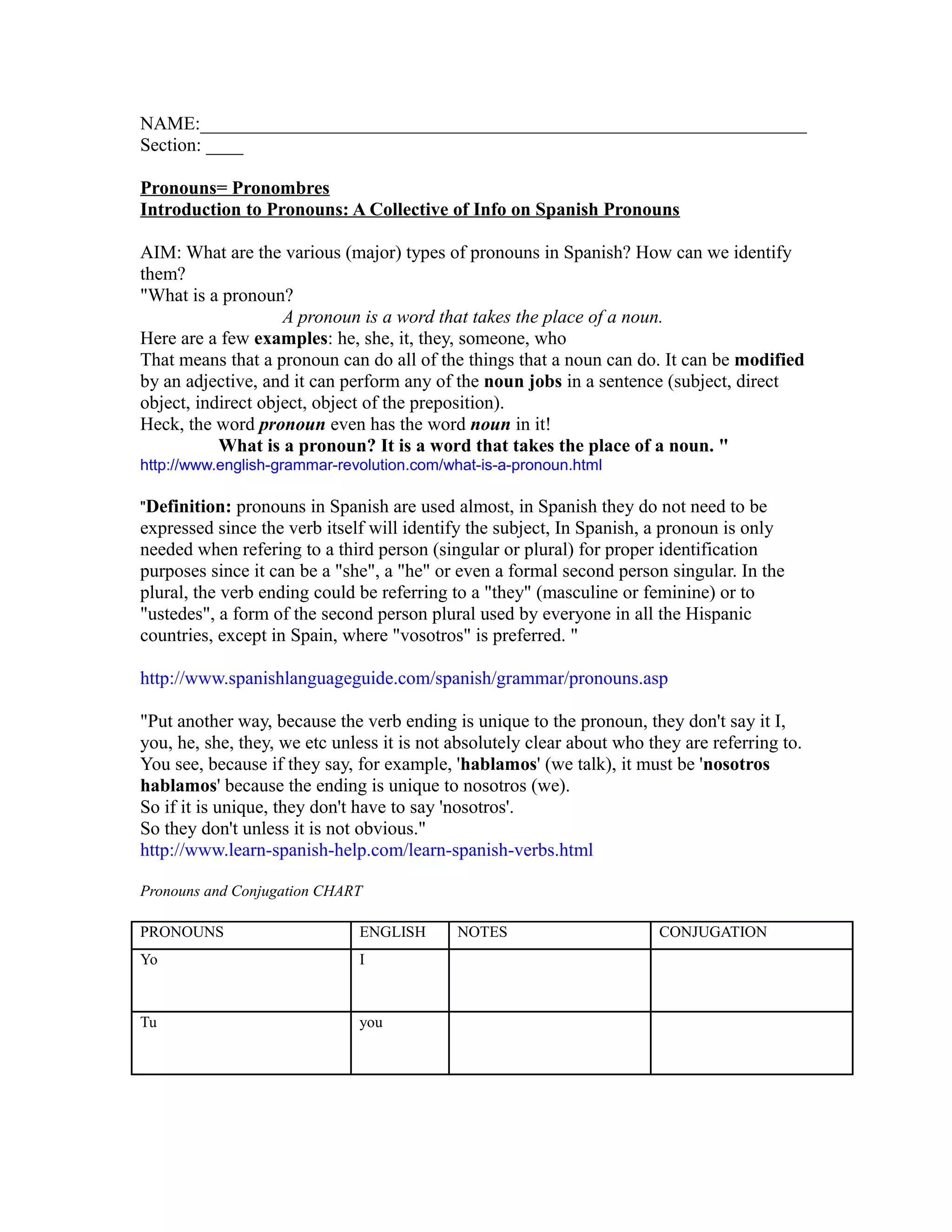 Spanish pronouns | RTF