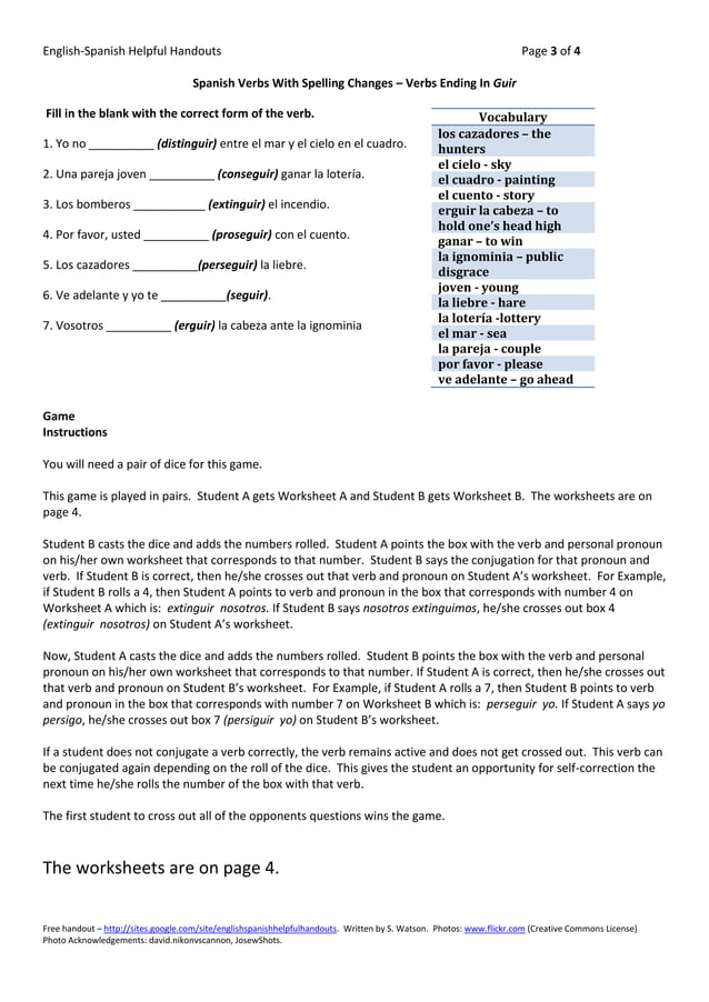 Spanish verbs with spelling changes verbs ending in guir | PDF