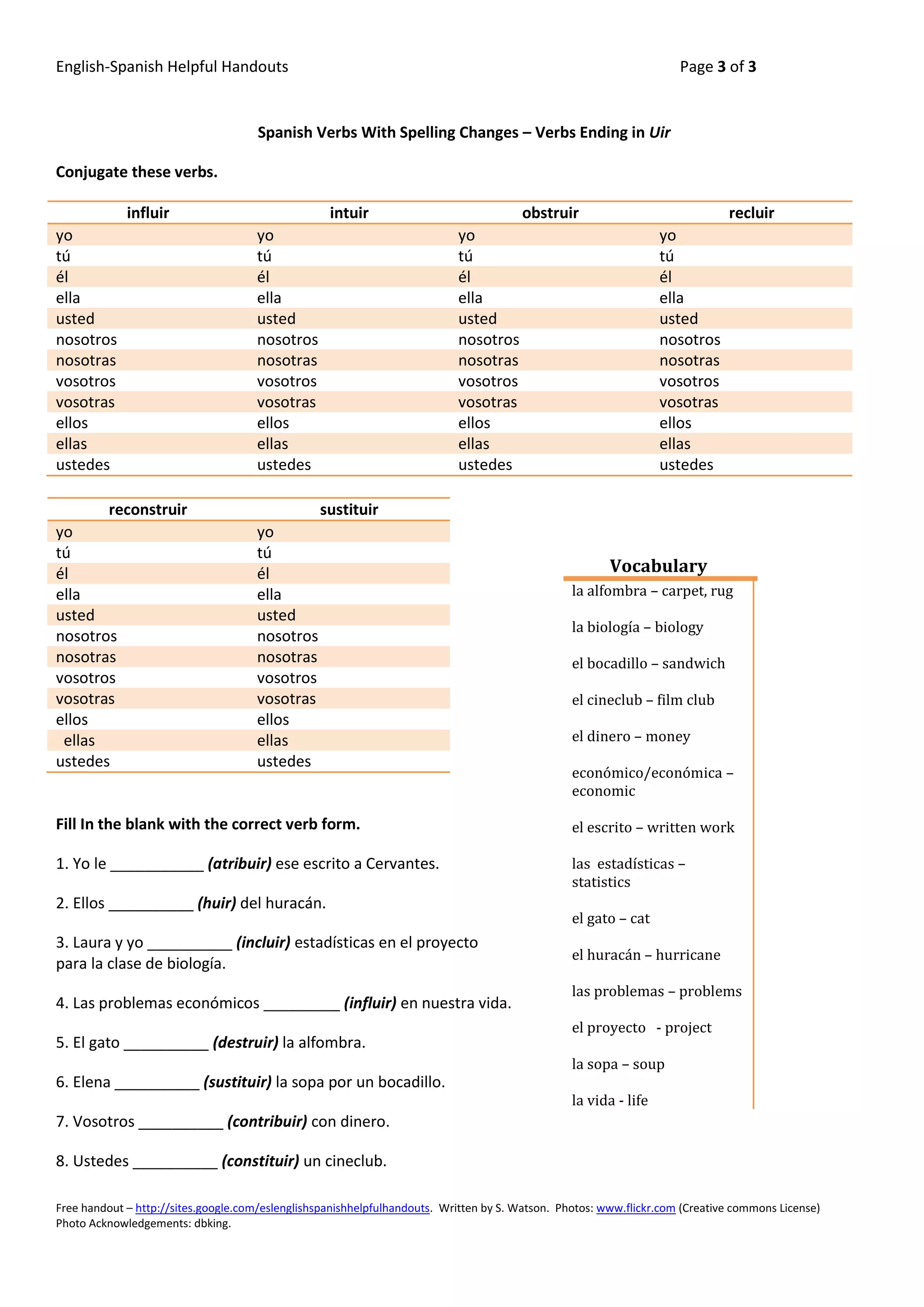 Spanish verbs with spelling changes verbs ending in uir | PDF