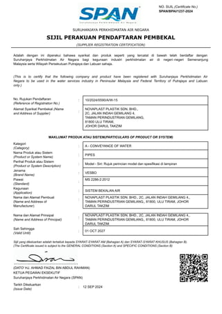 Malaysia PPR Pipes SPAN supplier registration certification (Vesbo PPR ...