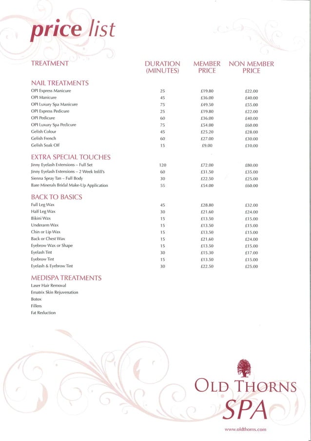 Old Thorns Manor Hotel Spa Price List | PDF
