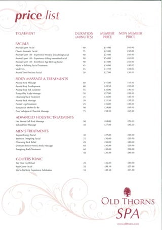 Old Thorns Manor Hotel Spa Price List | PDF