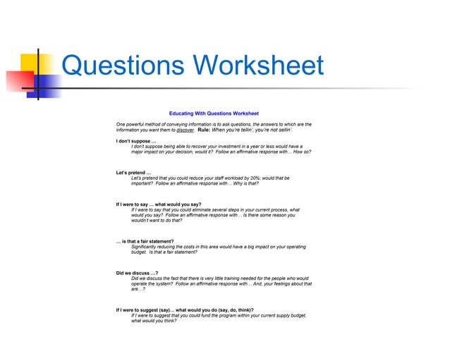 Selling Smart Workshop - Questioning Technique - Asking the Right ...