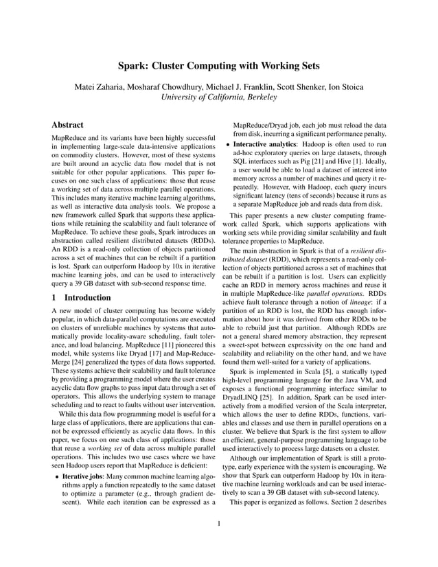 Spark cluster computing with working sets | PDF
