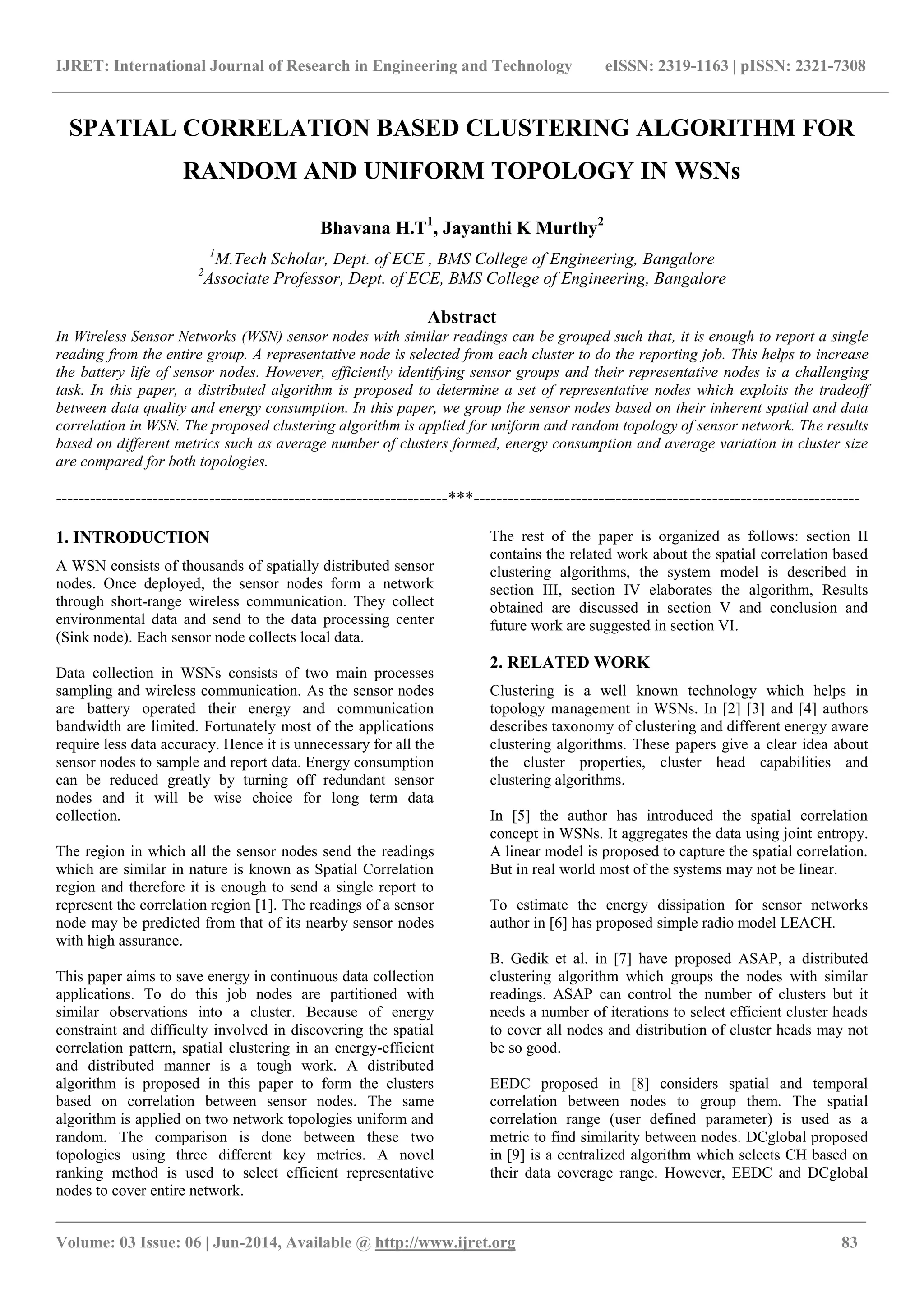 Spatial Correlation Based Clustering Algorithm For Random And Uniform