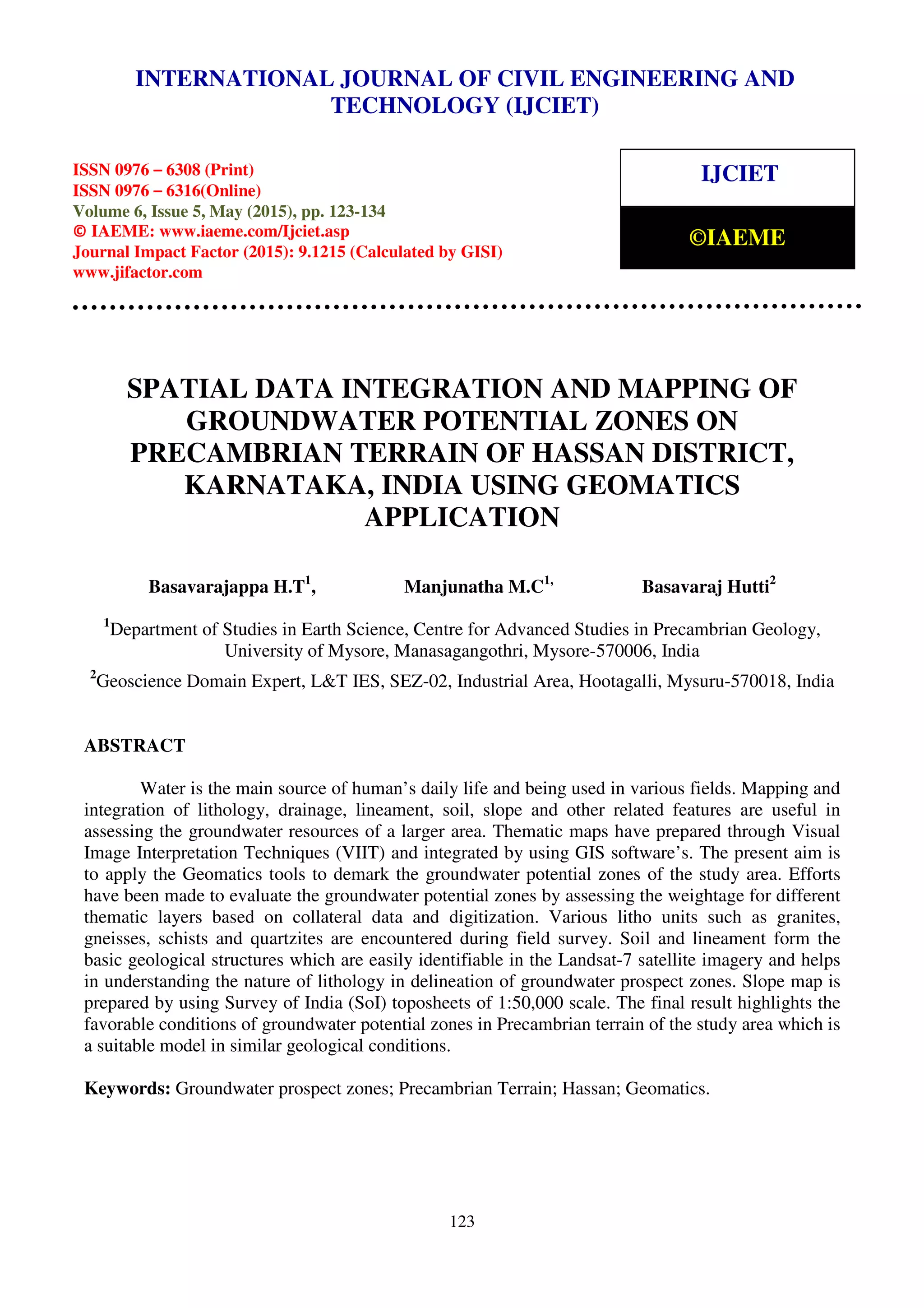 SPATIAL DATA INTEGRATION AND MAPPING OF GROUNDWATER POTENTIAL ZONES ON ...