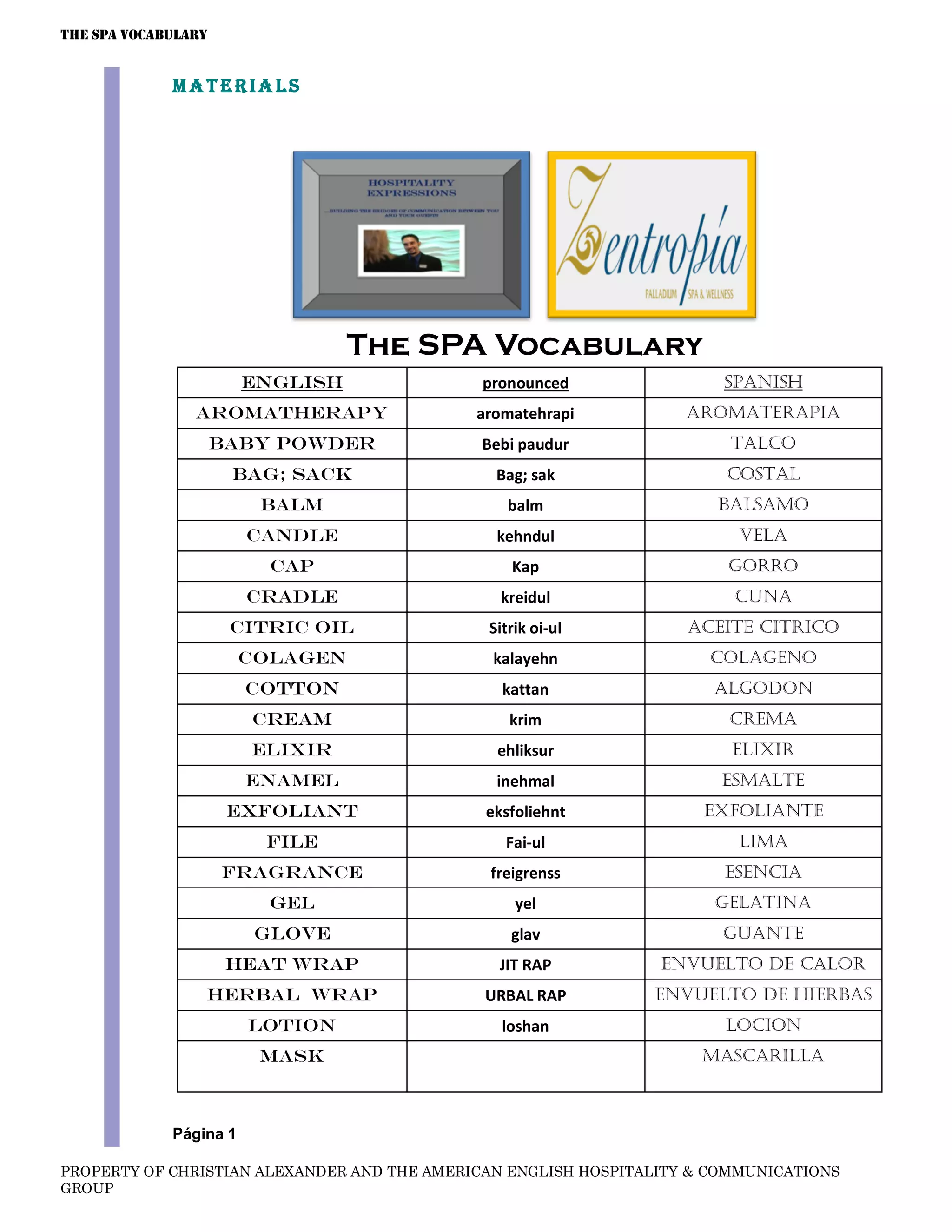 Spa vocab materials | PDF
