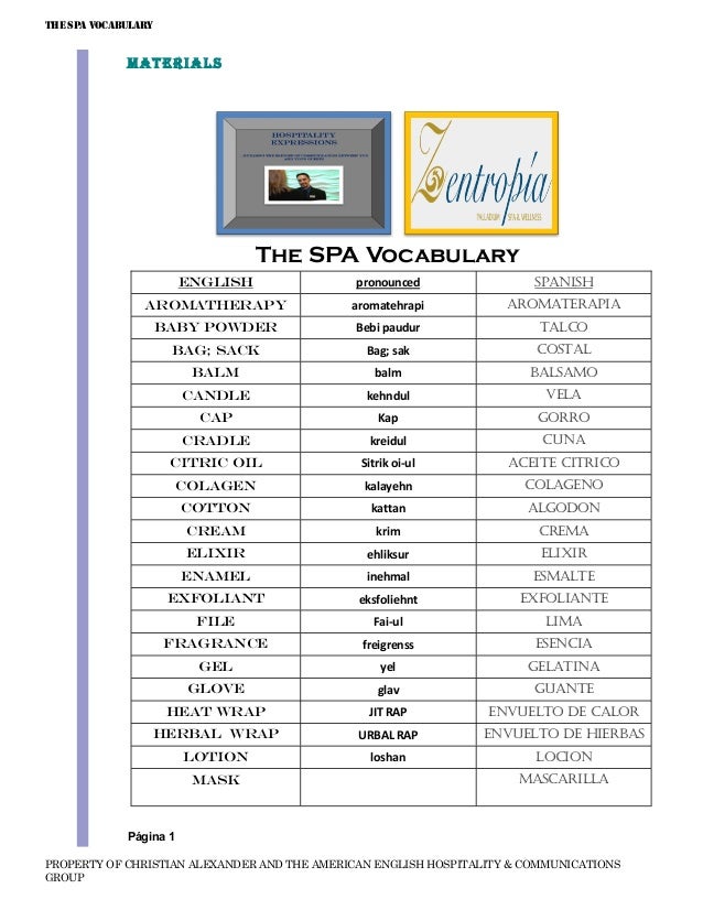 Spa vocab materials
