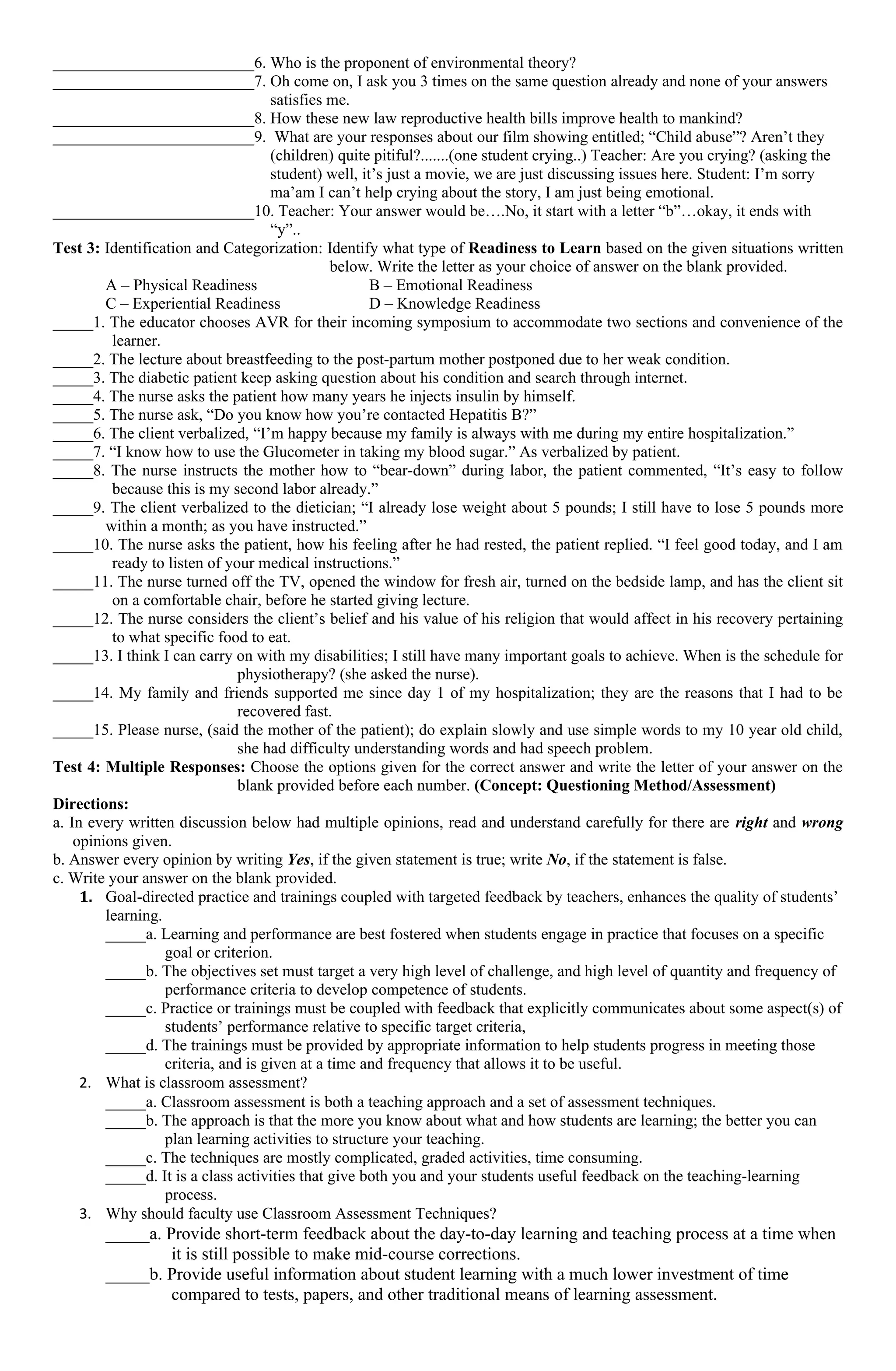Test question on health education | DOC | Educational Assessment ...