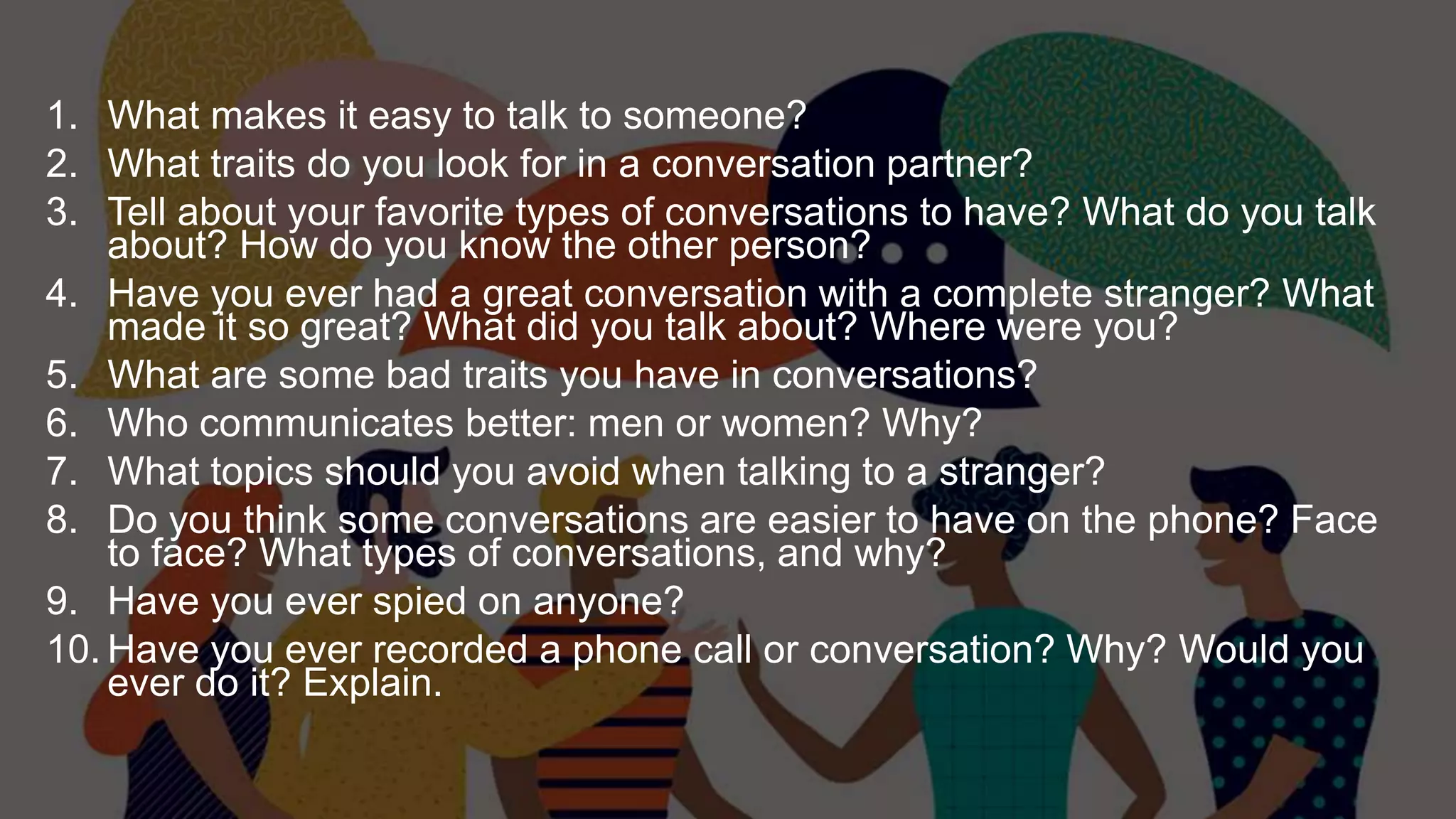 Topic: Conversation-Speaking Questions for Warm-ups | PPTX