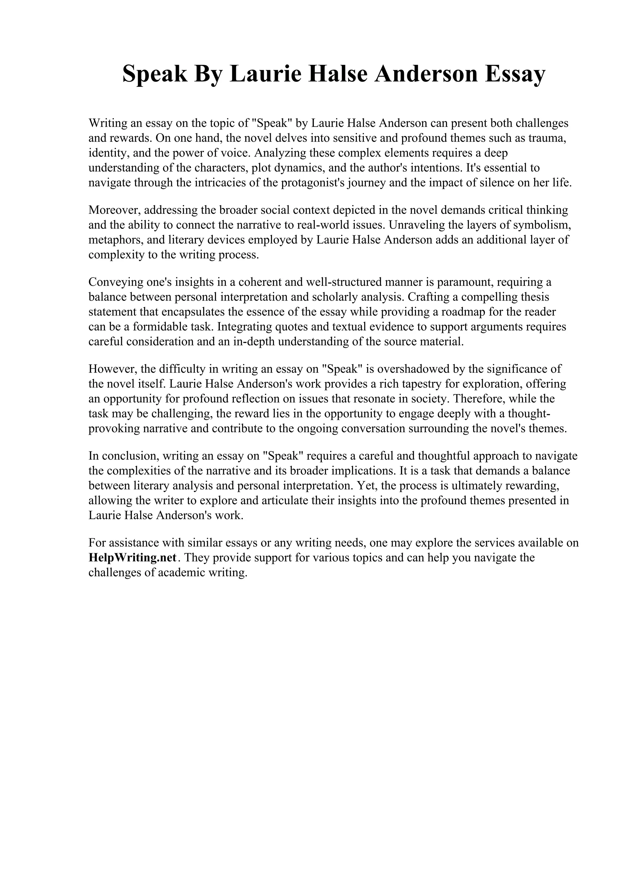 Speak By Laurie Halse Anderson Essay.pdf | Screenwriting | Content ...