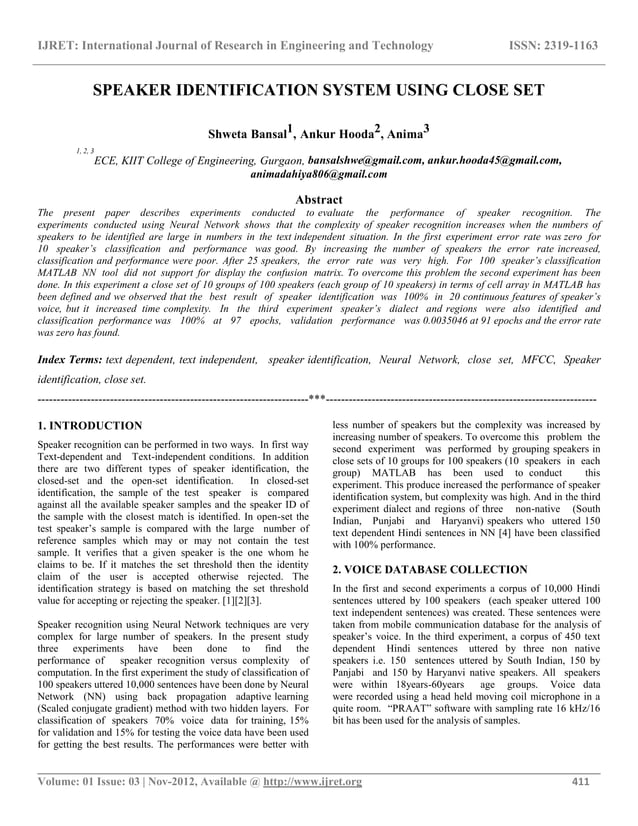 Speaker identification system using close set | PDF