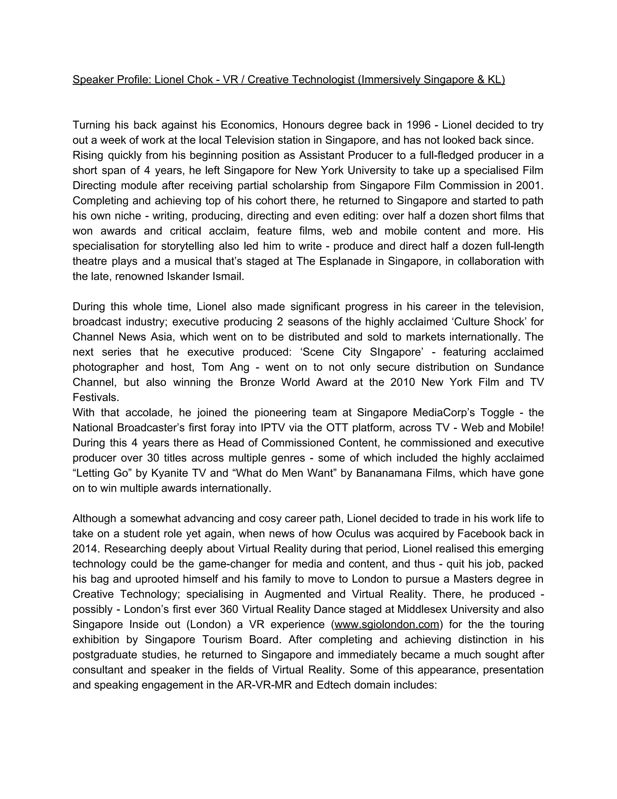 Speaker/Presenter Profile: Lionel Chok | PDF