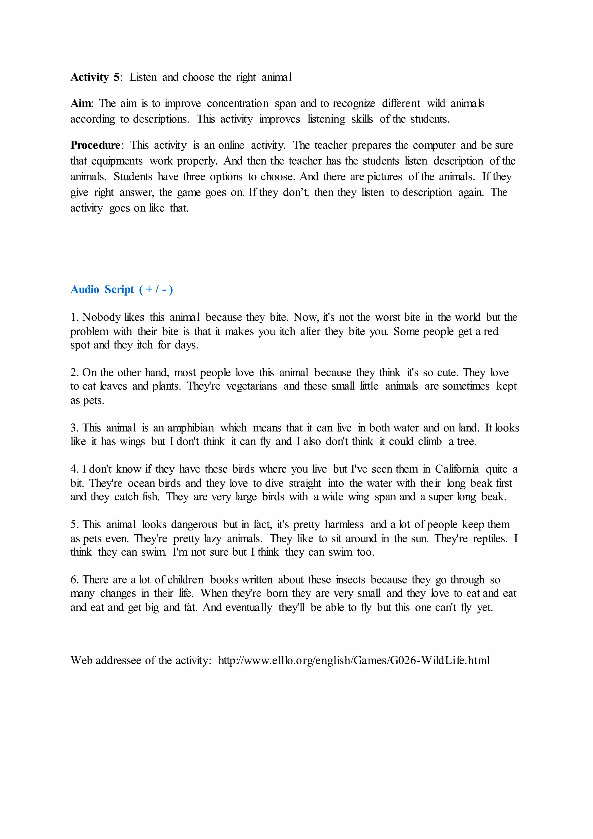 Speaking activities for young learners | DOCX | Birds | Pets