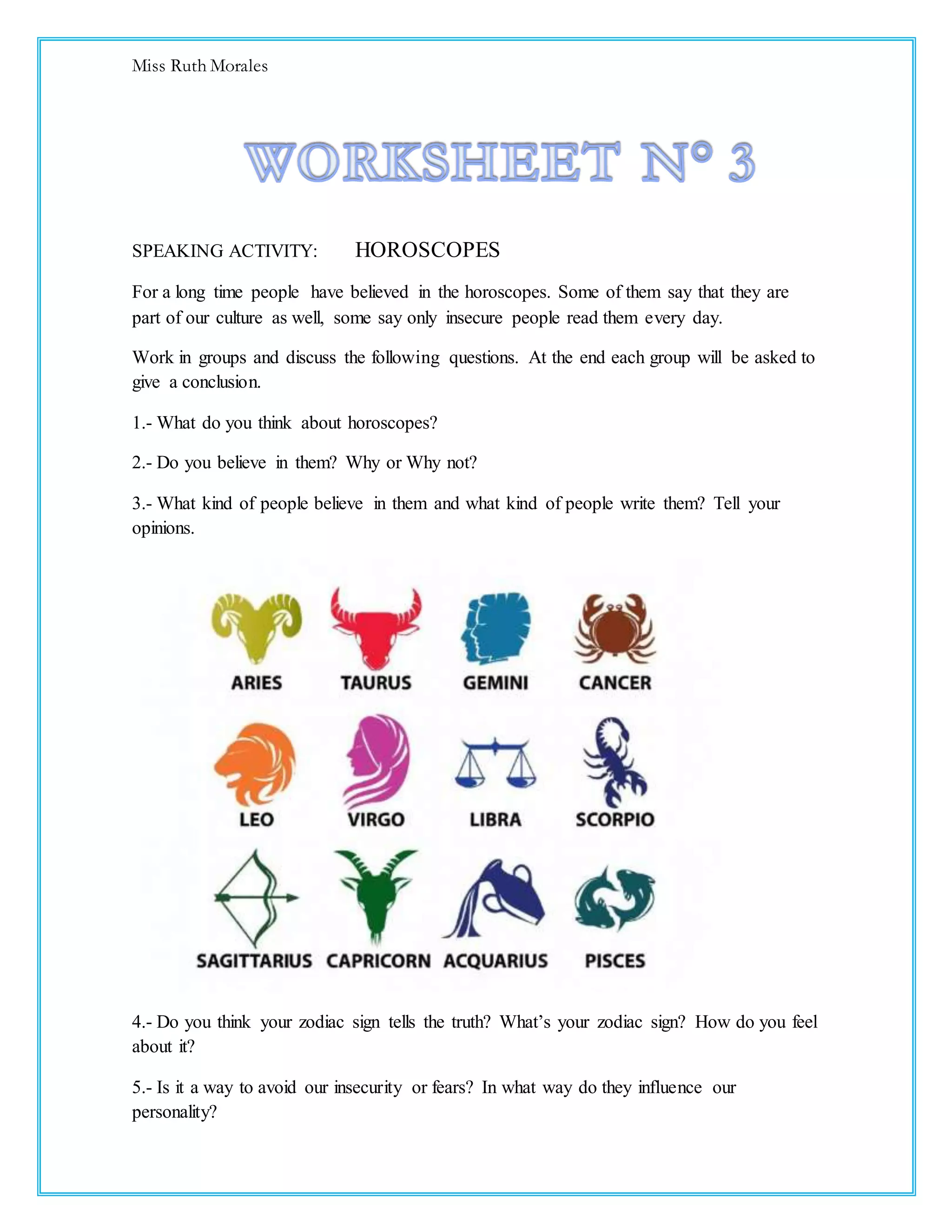 Speaking activity n° 3 horoscopes | DOCX