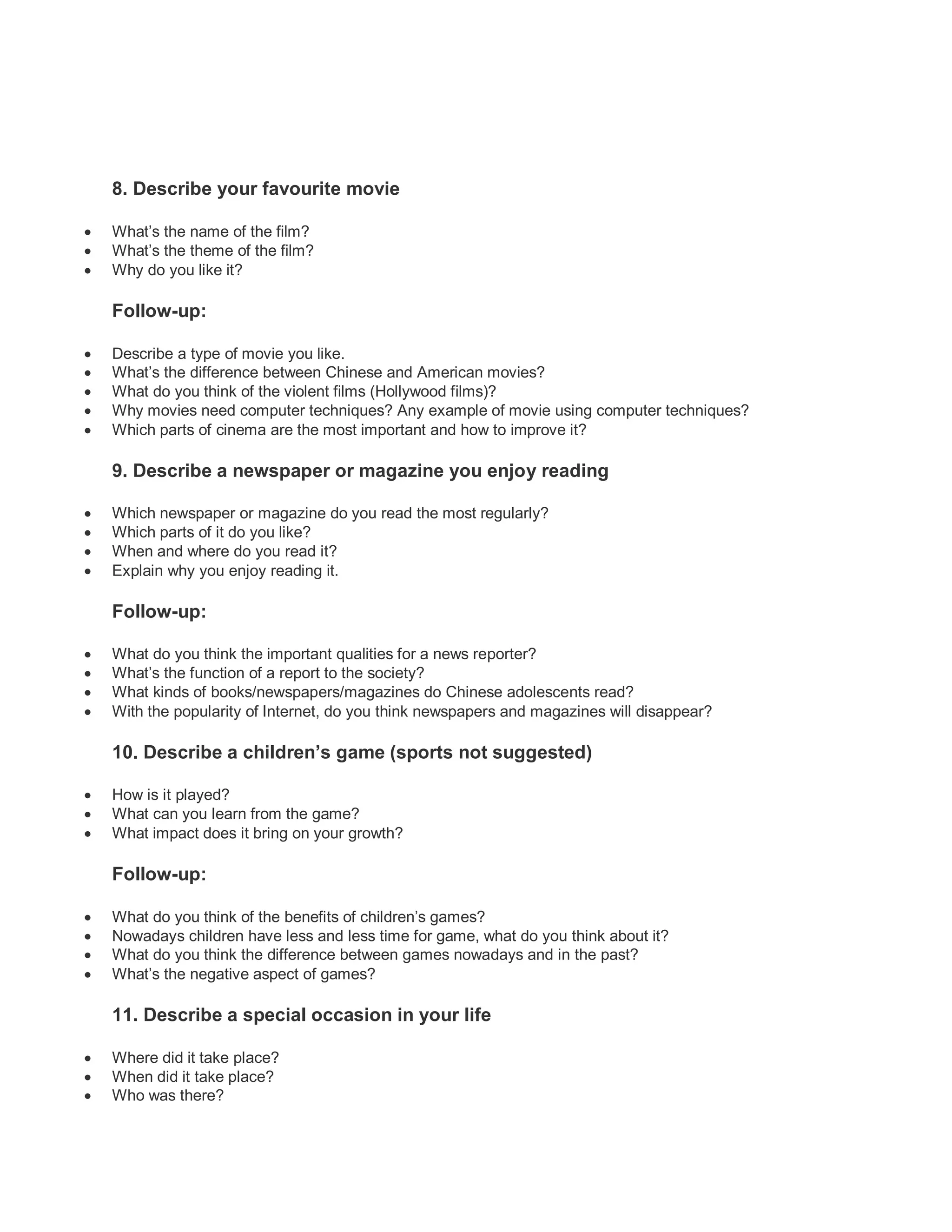 List of Speaking Sample questions of IELTS | PDF