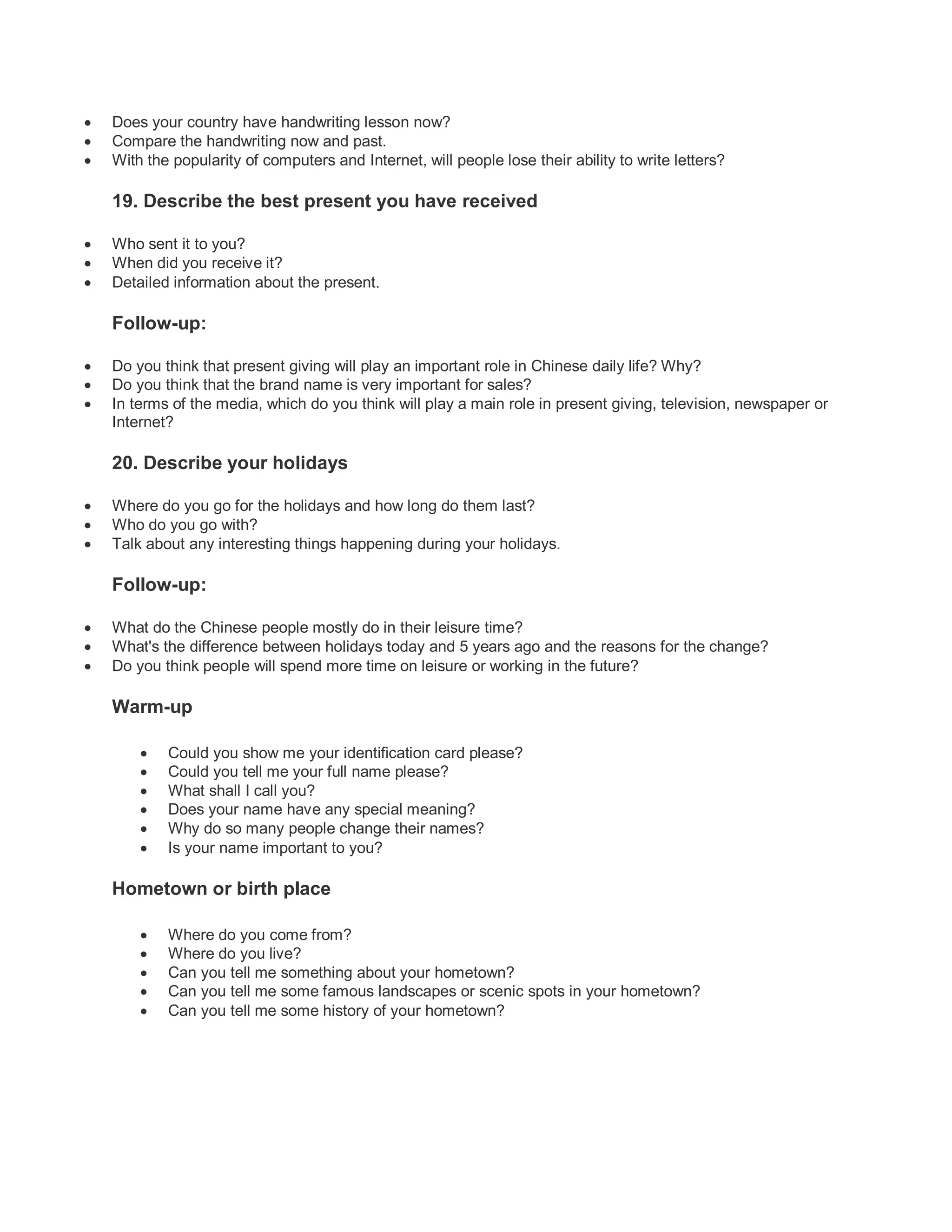 List of Speaking Sample questions of IELTS | PDF